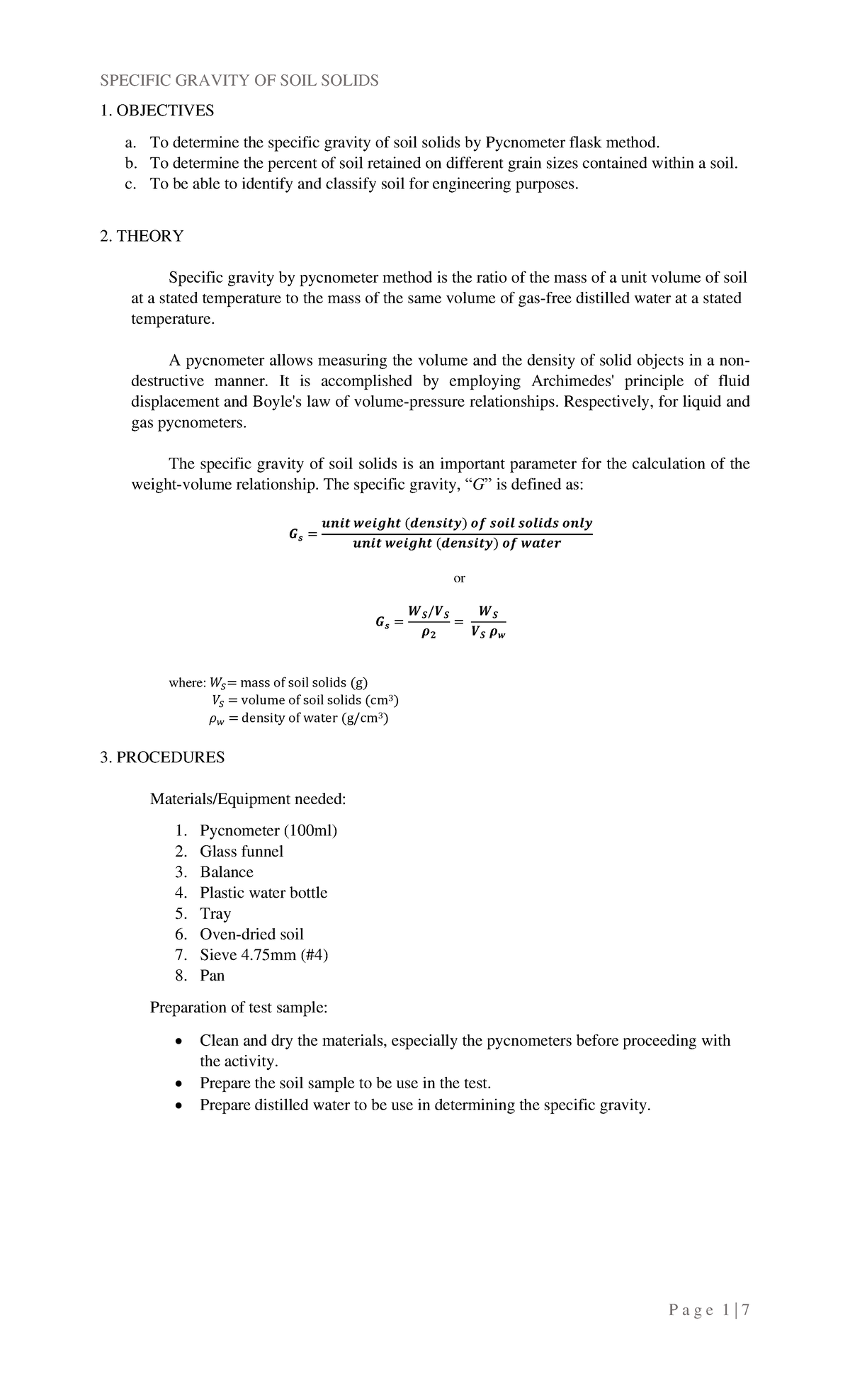 Specific Gravity of Soil Solids Using Pycnometer Method - LAB Report - Studocu