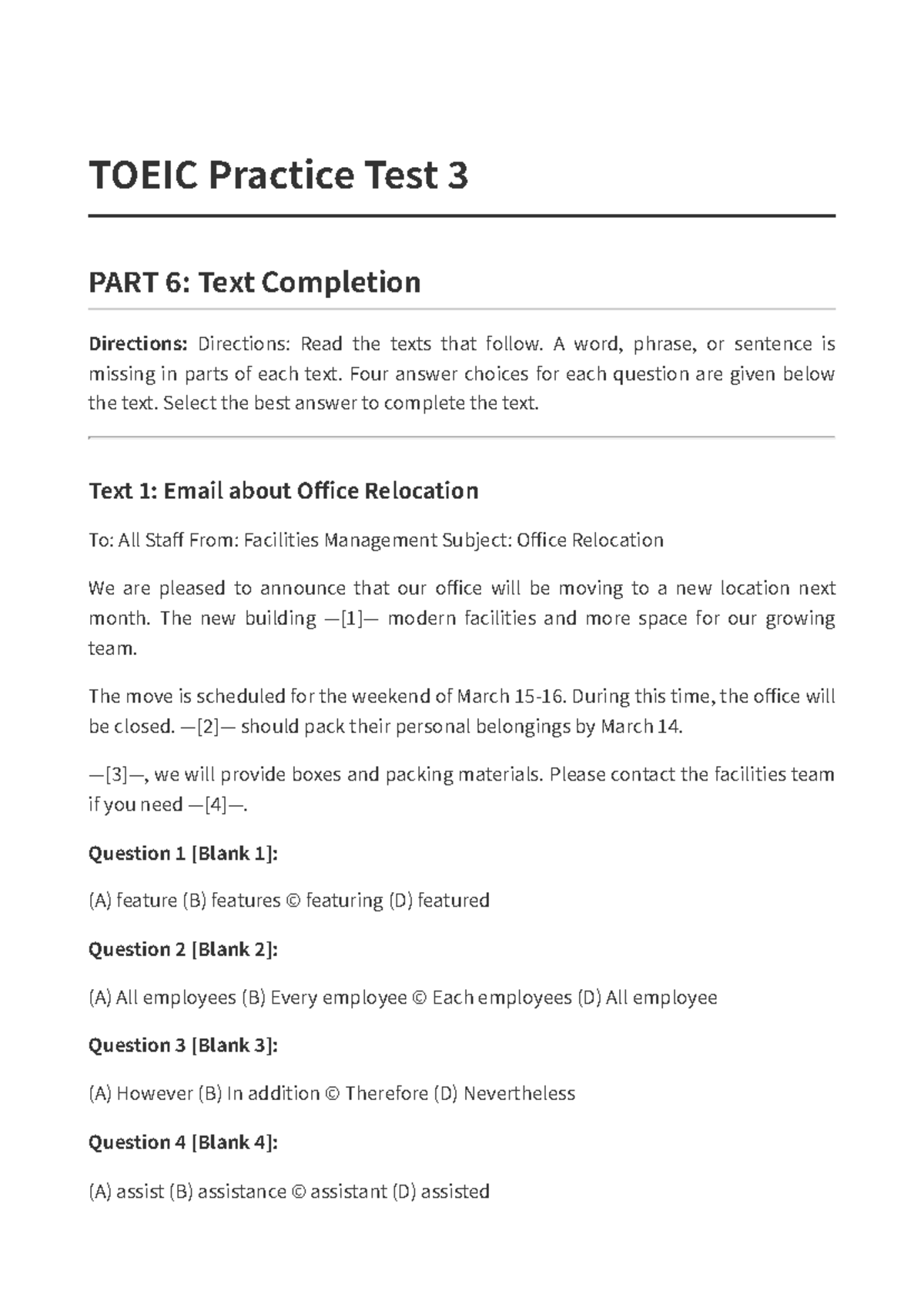 TOEIC Practice Test 3: Part 6 Text Completion Guide - Studocu