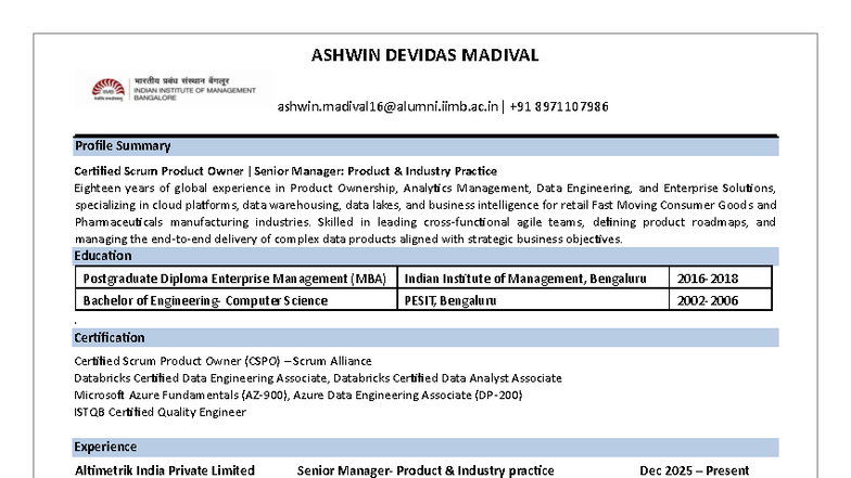 ASHWIN DEVIDAS MADIVAL Profile Summary: 18 Yrs in Product Ownership ...