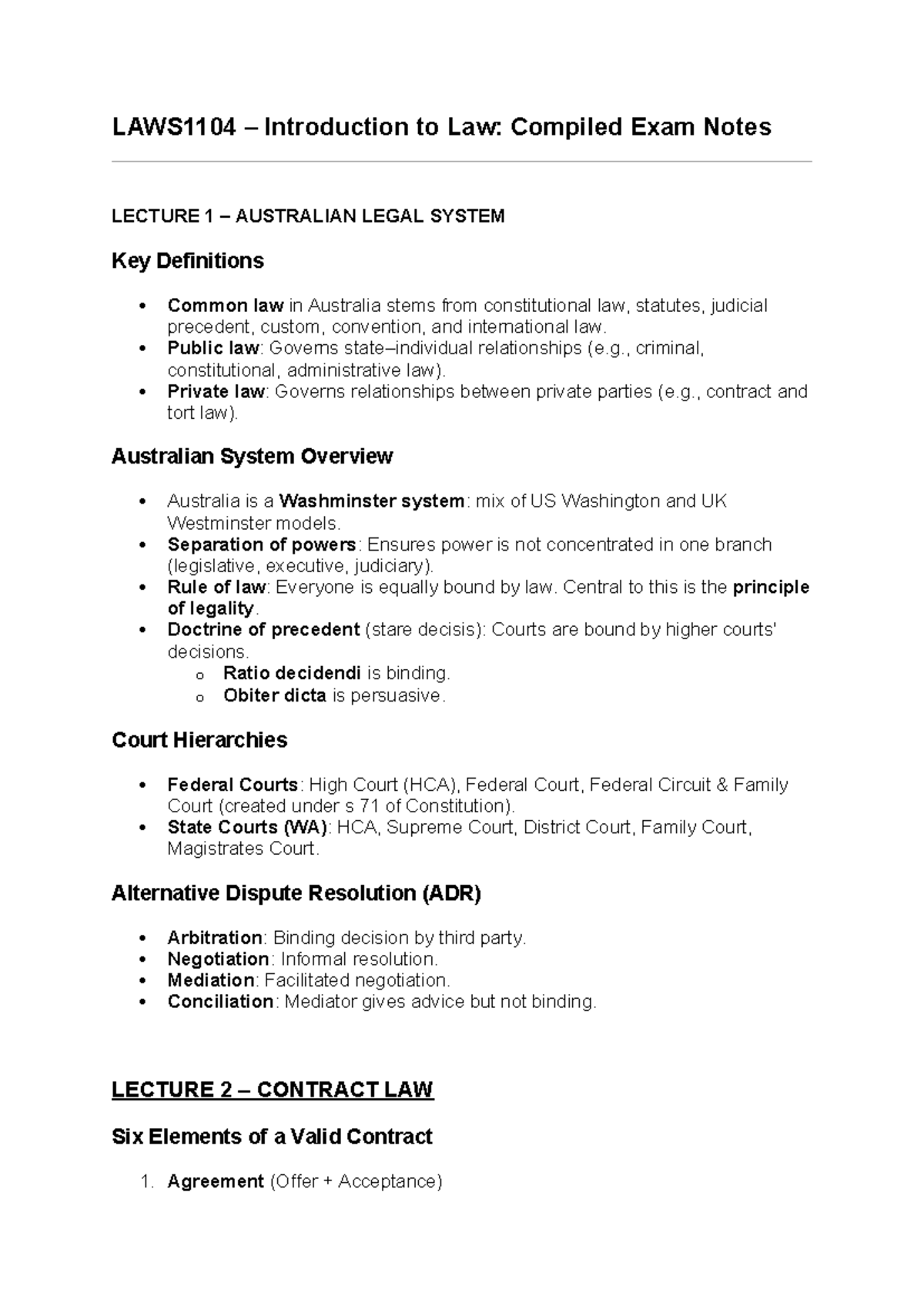 LAWS1104 Introduction to Law: Compiled Exam Notes for Lectures 1-5 ...