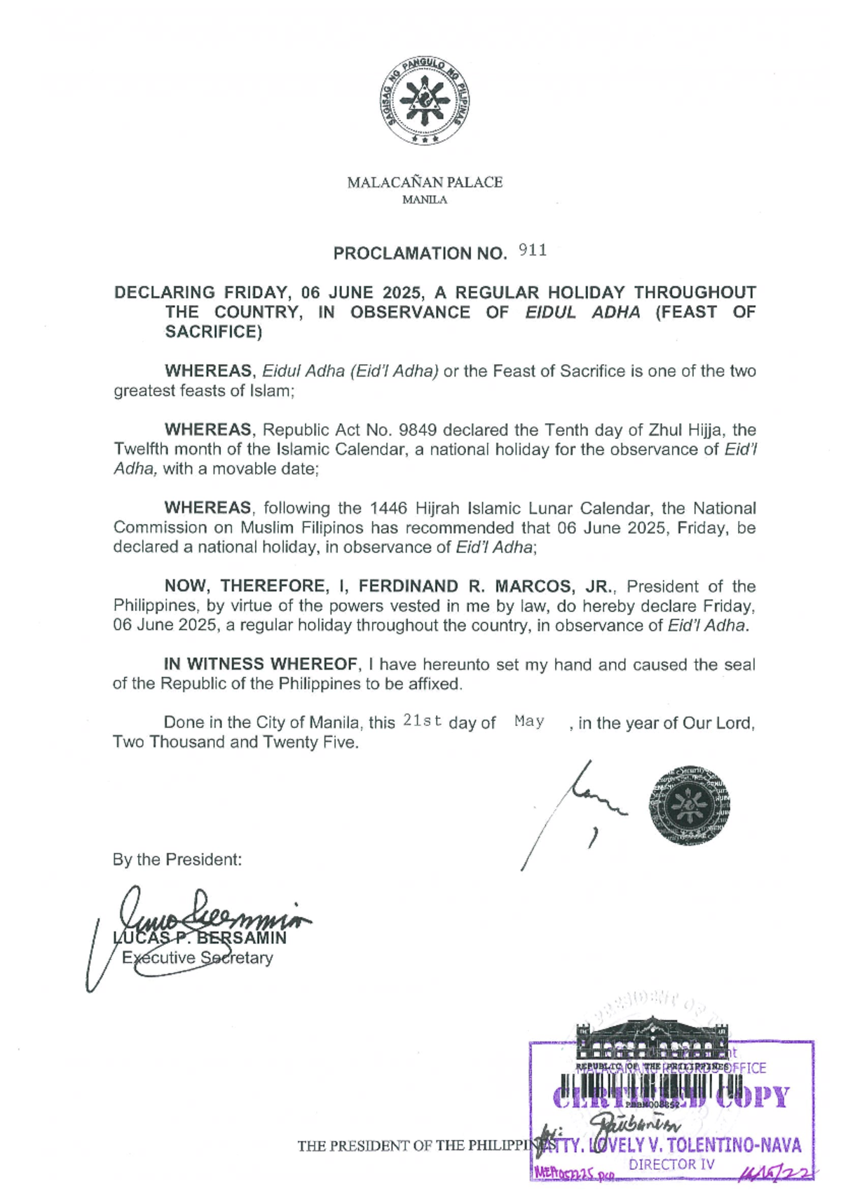 Proclamation No. 911: Eidul Adha Holiday Declaration Notes - Studocu