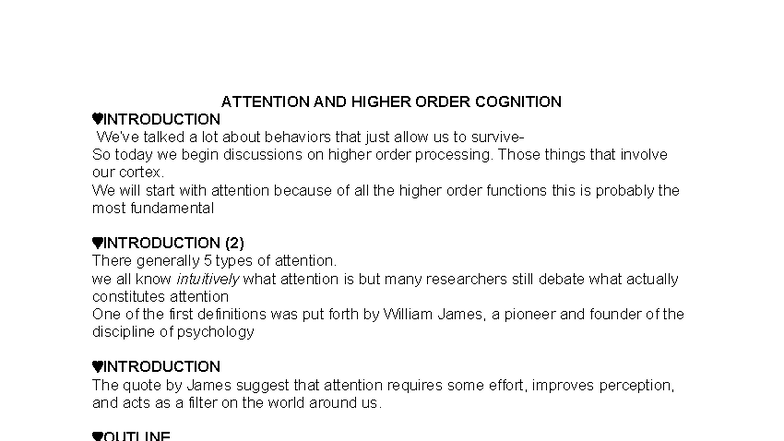 Attention and Higher Order Cognition: Lecture Notes 1 - PSY 101 - Studocu