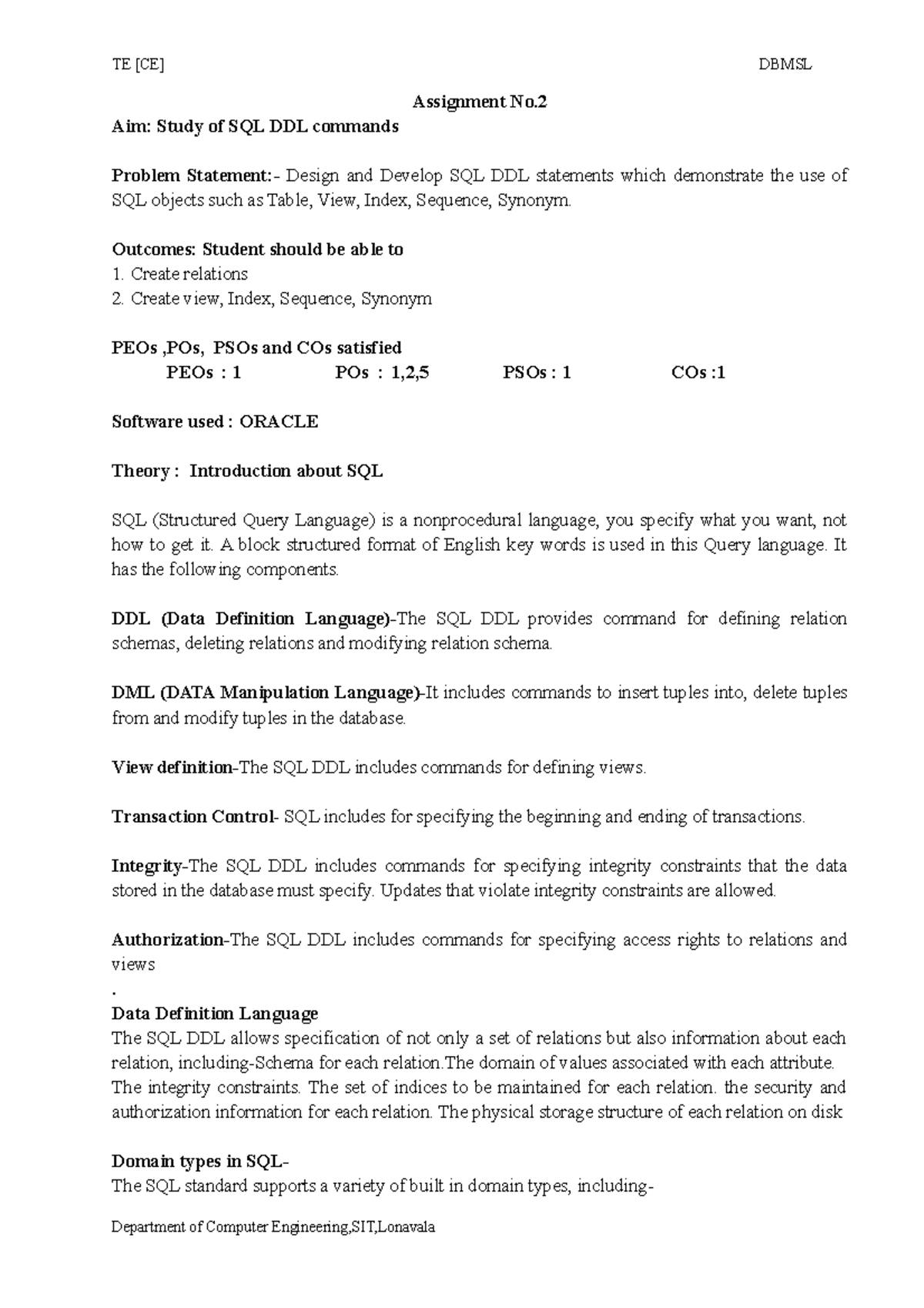 DBMS Assignment 02 - SQL DDL Commands Study Guide - Studocu