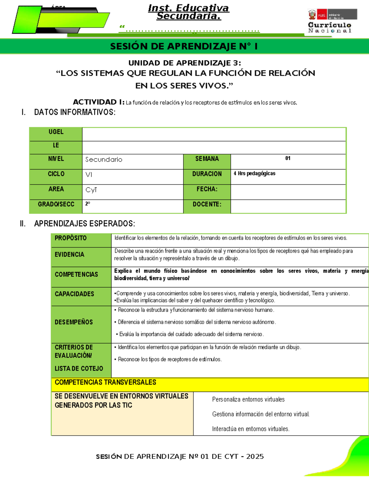 Sesión de Aprendizaje 1: Sistemas de Relación en Seres Vivos - UNID ...