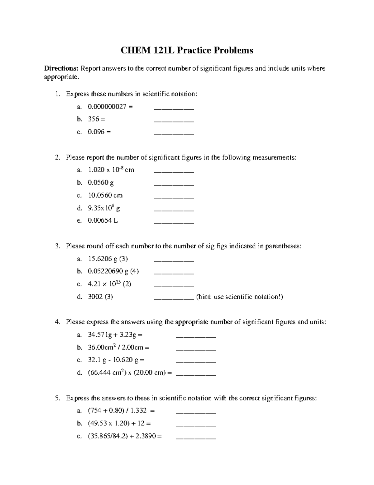 CHEM 121L Sig Fig & Unit Conversion Practice Worksheet - Studocu