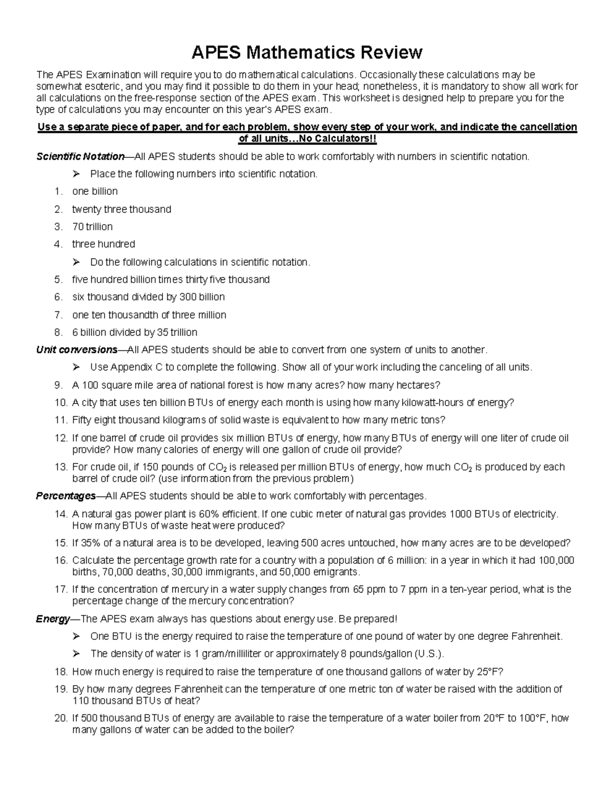 APES 101: Mathematics Review for Exam Preparation - Studocu