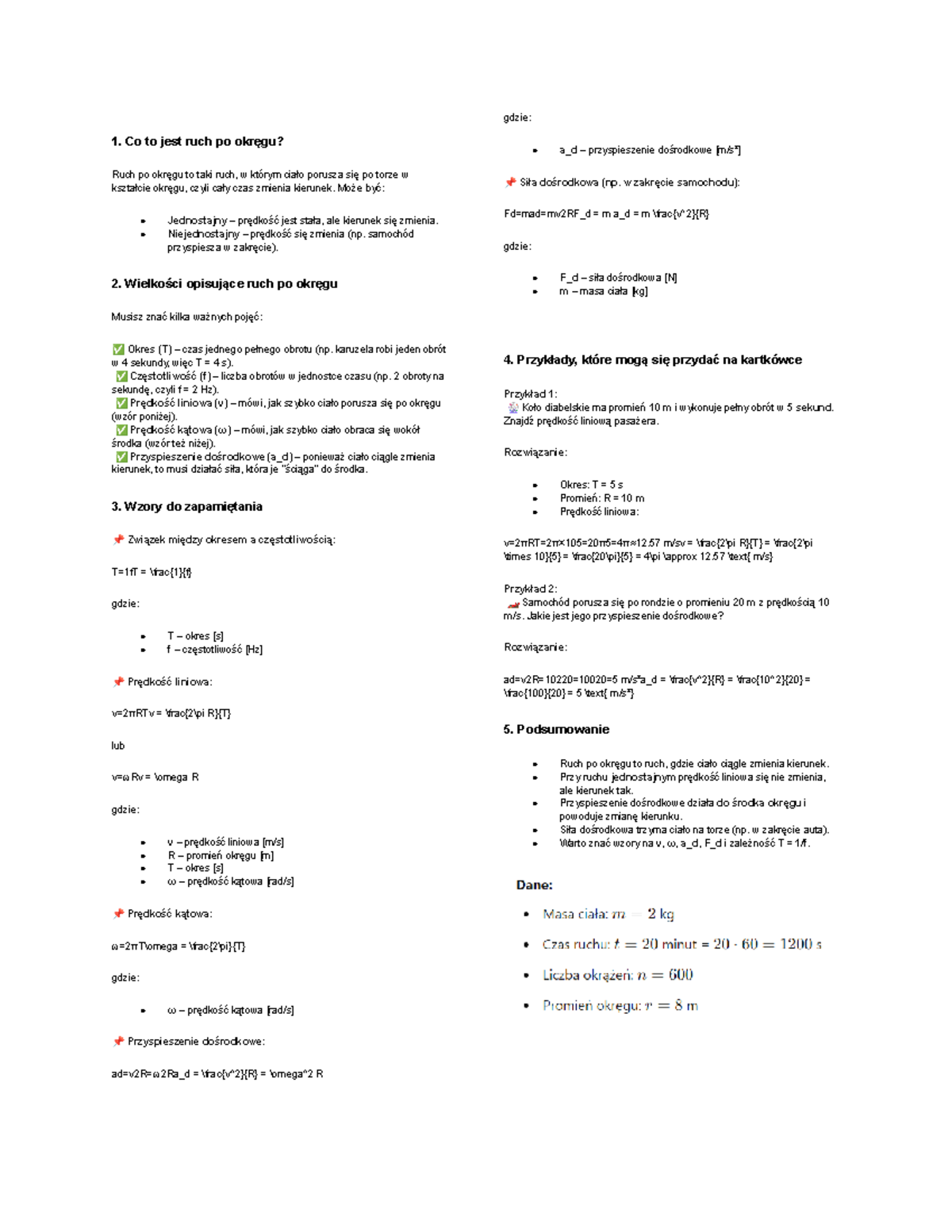 FIZYKA 101: Ruch Po Okręgu - Notatki i Wzory do Zapamiętania - Studocu
