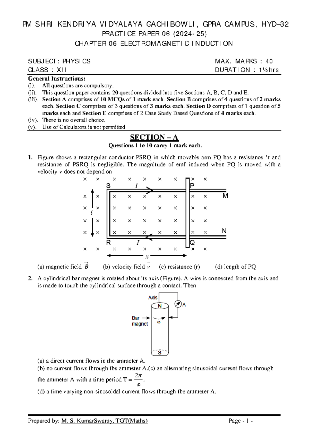 Physics XII Practice Paper 06: Electromagnetic Induction (2024) - Studocu