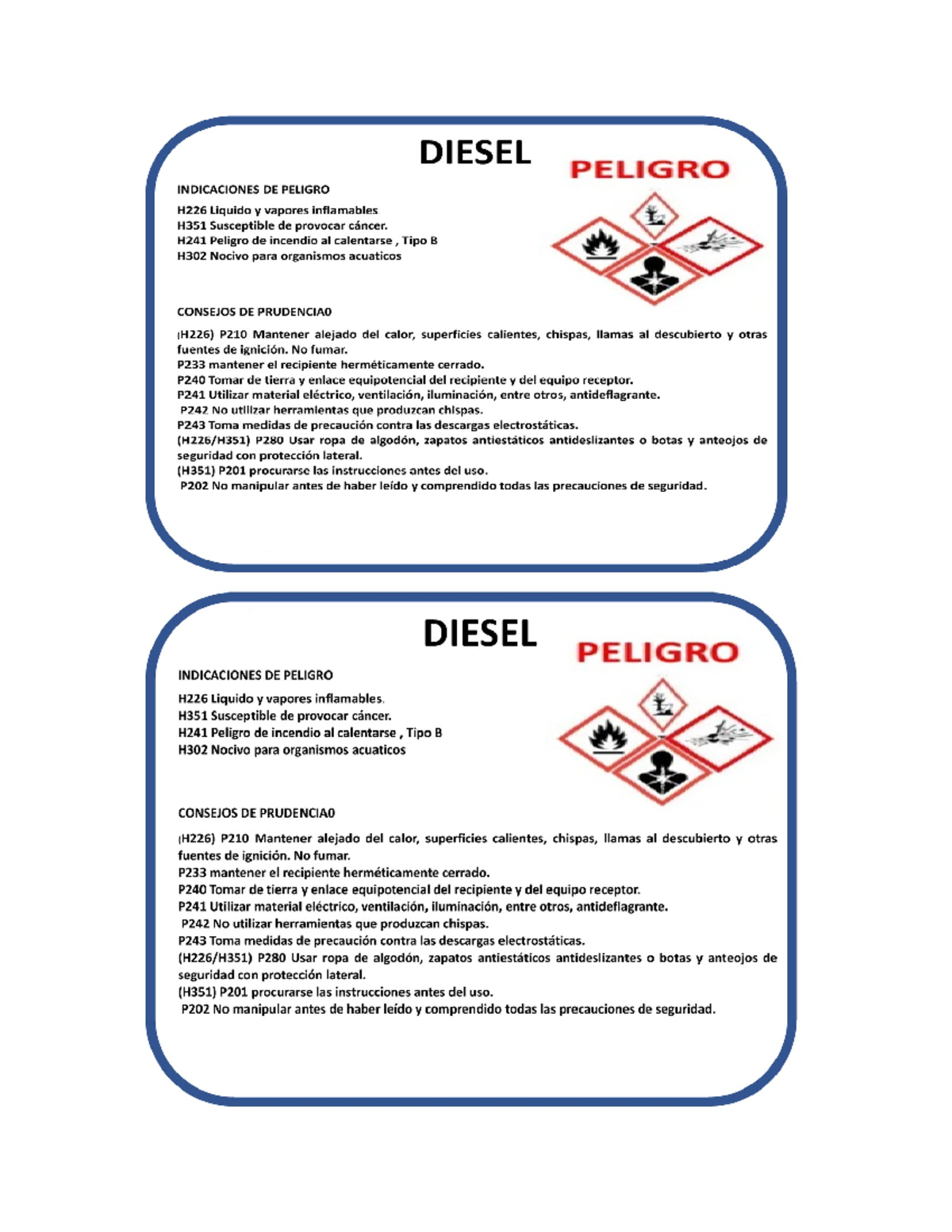 Etiquetas de Peligro y Consejos de Seguridad para Diesel - Studocu