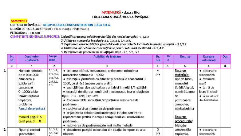 Proiectare Matematică Clasa a III-a - Recapitulare Semestrială - Studocu