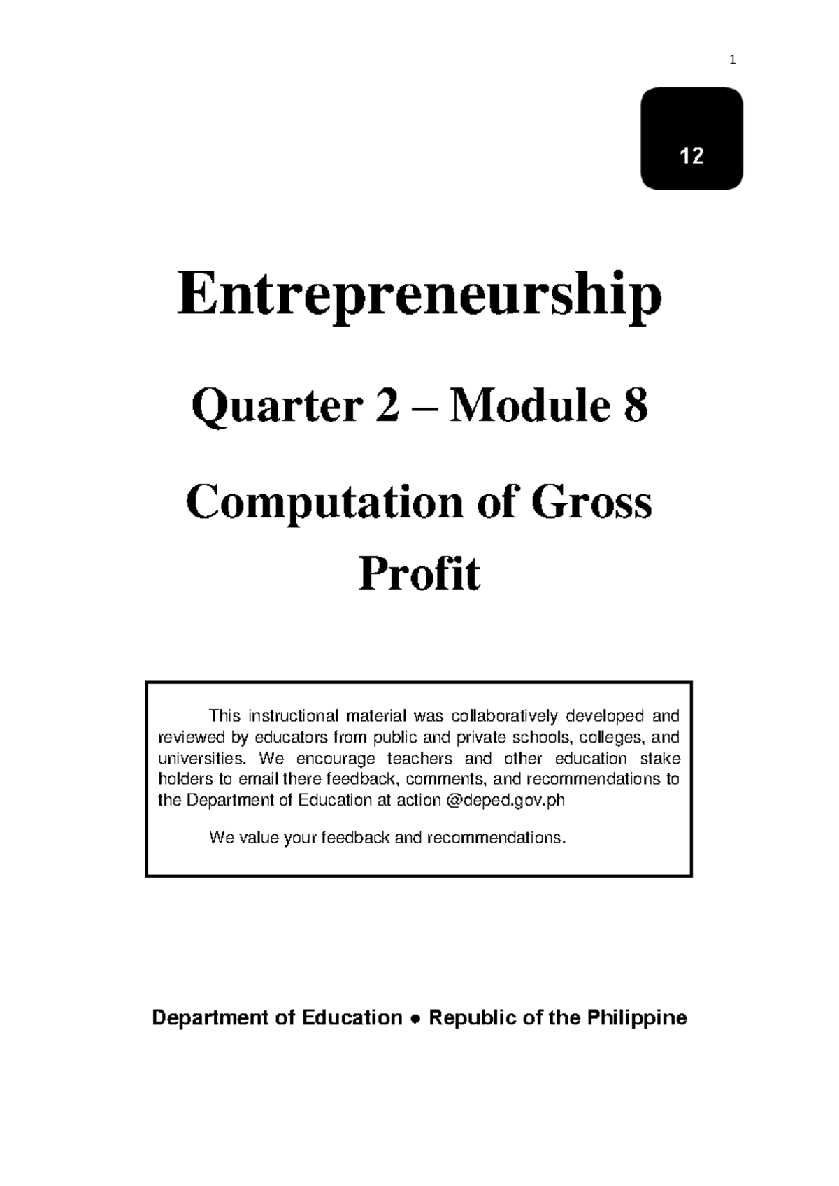 Entrep 12 Q2 Mod8 Gross Profit Computation & Analysis Guide - Studocu