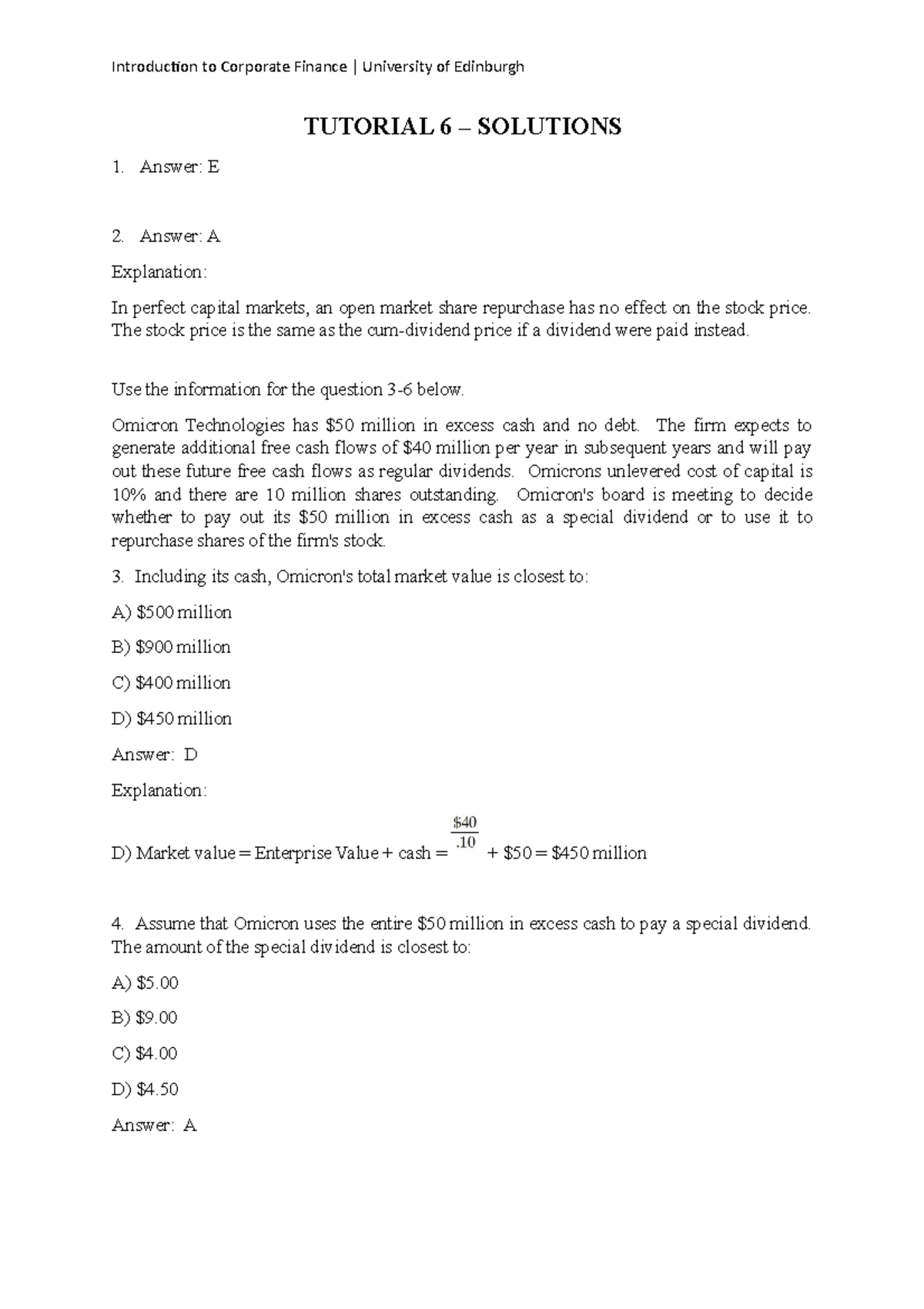 Tutorial 6 - solution - TUTORIAL 6 – SOLUTIONS Answer: E Answer: A ...