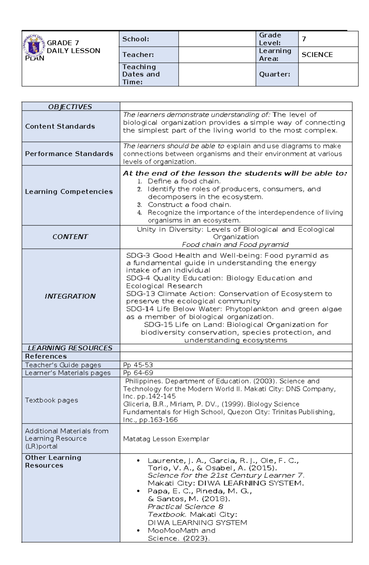 DLP GRADE 7 SCIENCE: CONSTRUCTING FOOD CHAINS & ECOSYSTEMS - Studocu