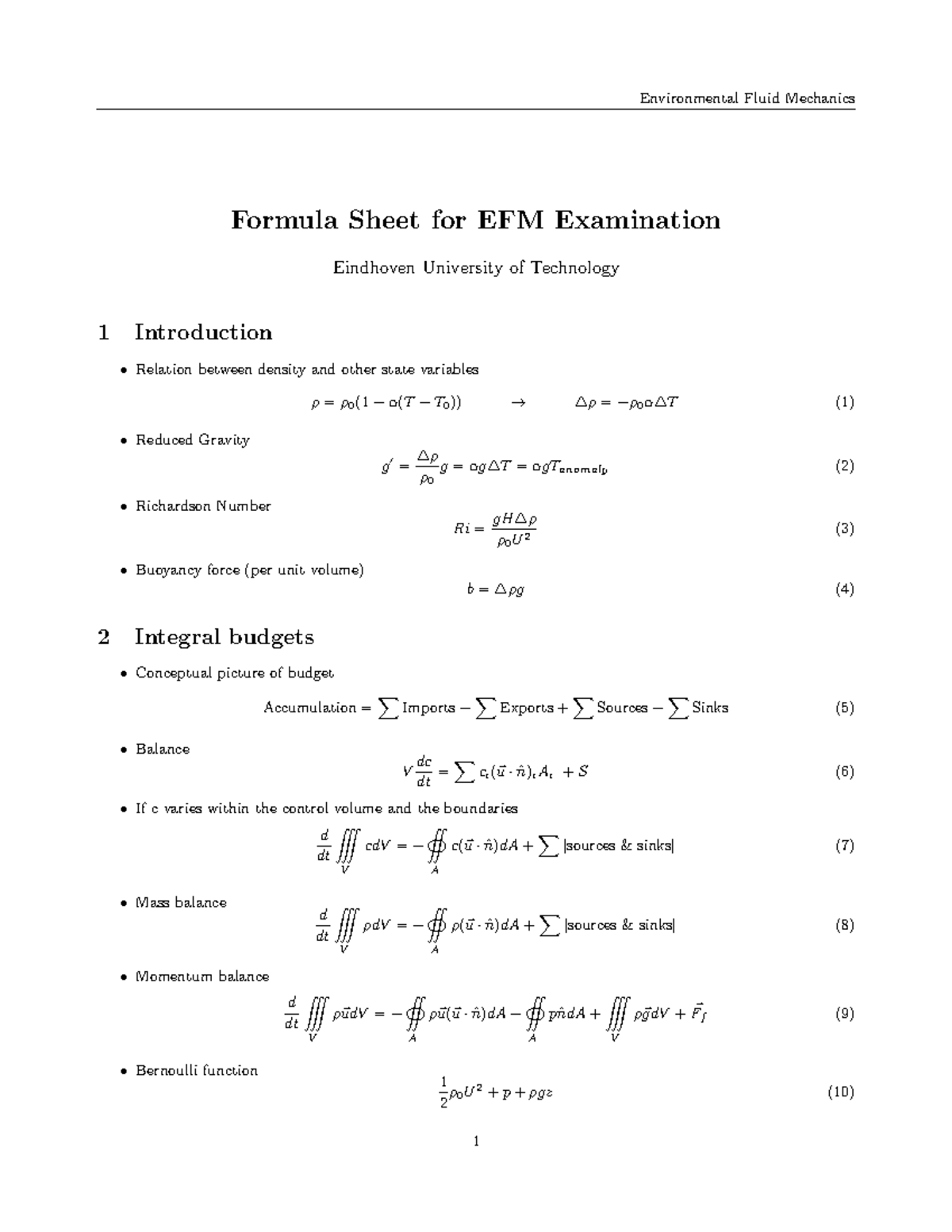 Environmental Fluid Mechanics Formula Sheet for EFM Exam - Studeersnel