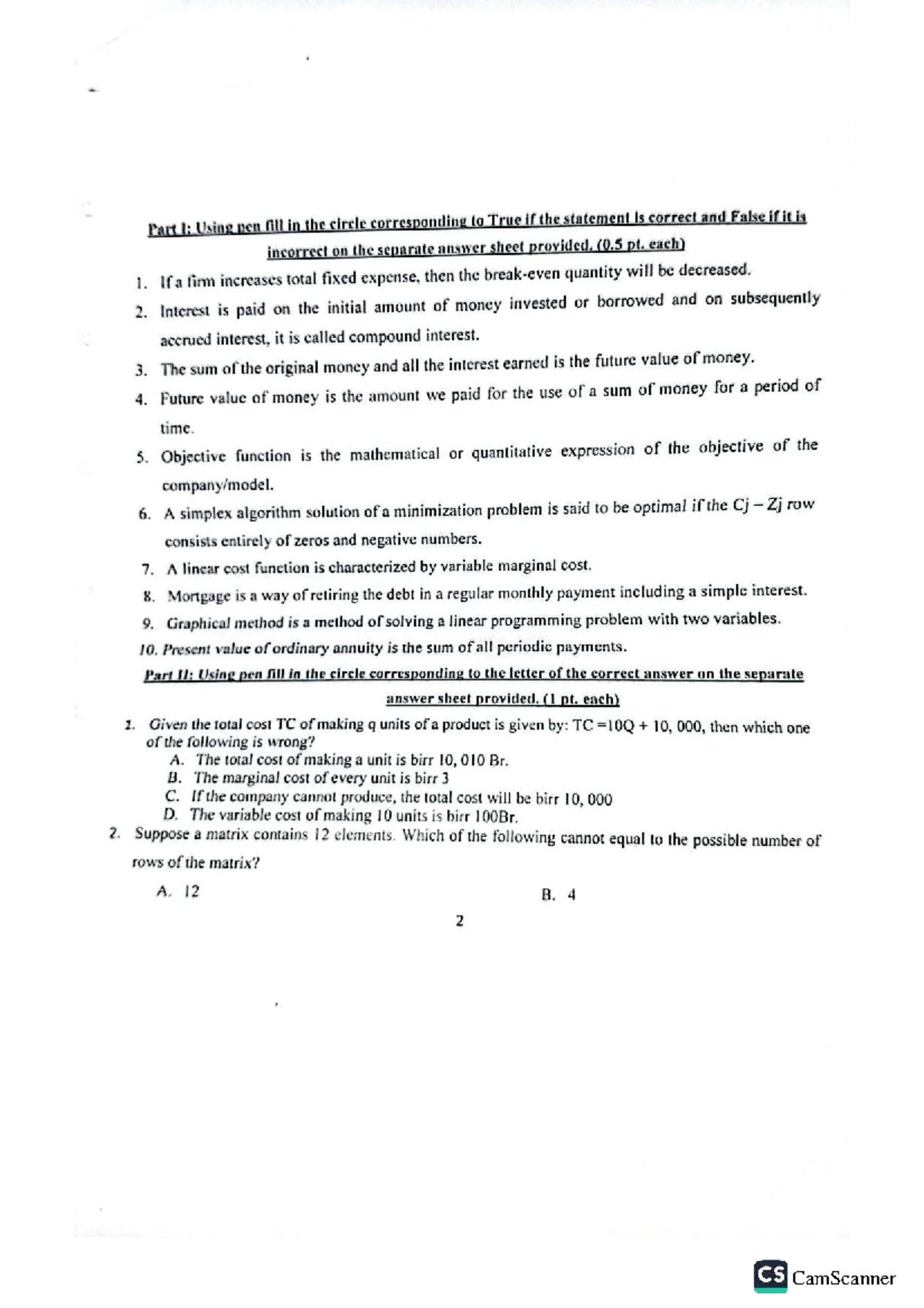 Business Maths: True/False & Multiple Choice Questions (CS 101) - Studocu