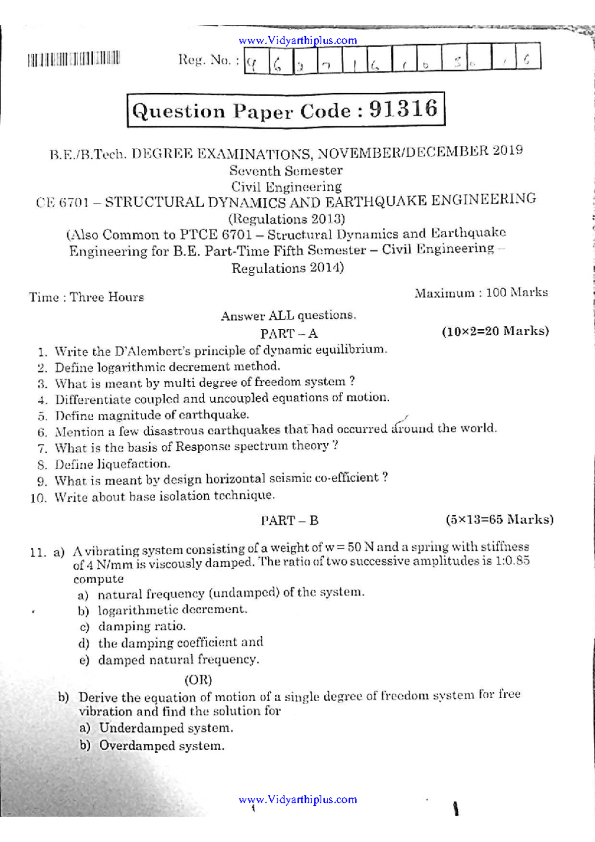 CE 6701 - Structural Dynamics & Earthquake Engg. Exam Paper 2019 - Studocu