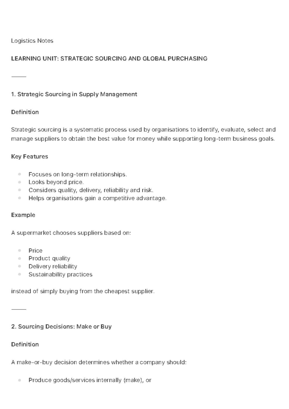 Logistics and Supply Chain Management 1A: Strategic Sourcing Notes ...