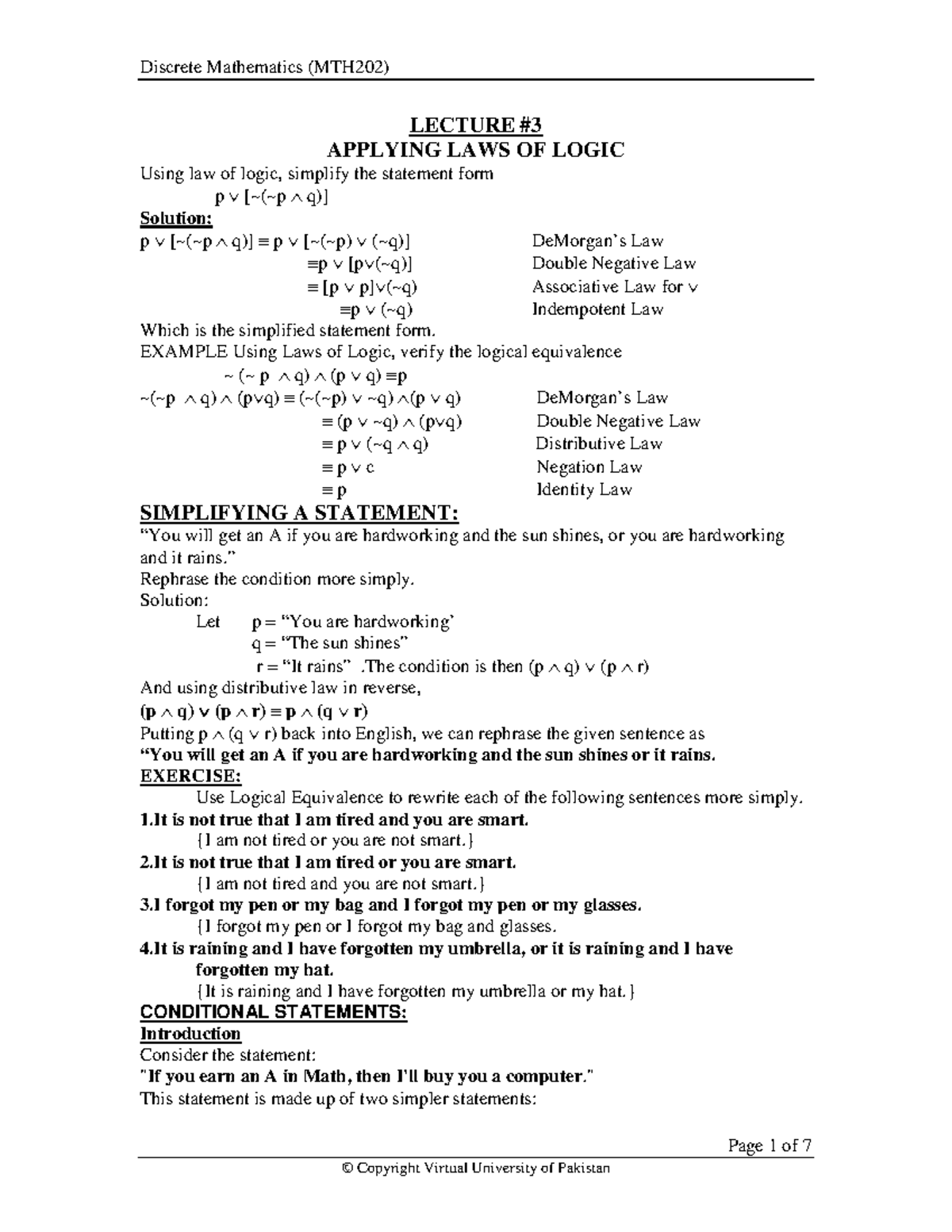 Discrete Mathematics (MTH202) LECTURE: Laws of Logic and Simplification ...