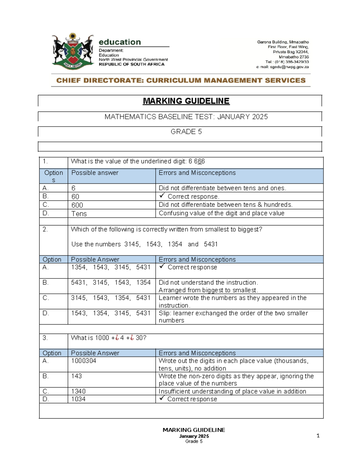 MARKING GUIDELINE: GRADE 5 BASELINE TEST JANUARY 2025 - Studocu