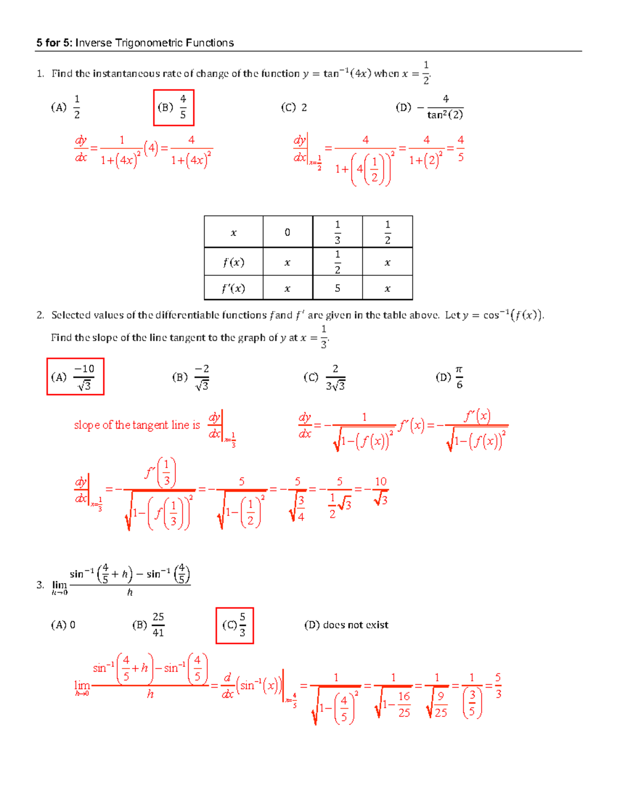 AP Calculus BC: 5 for 5 Inverse Trig Functions - Topic 3 Notes - Studocu