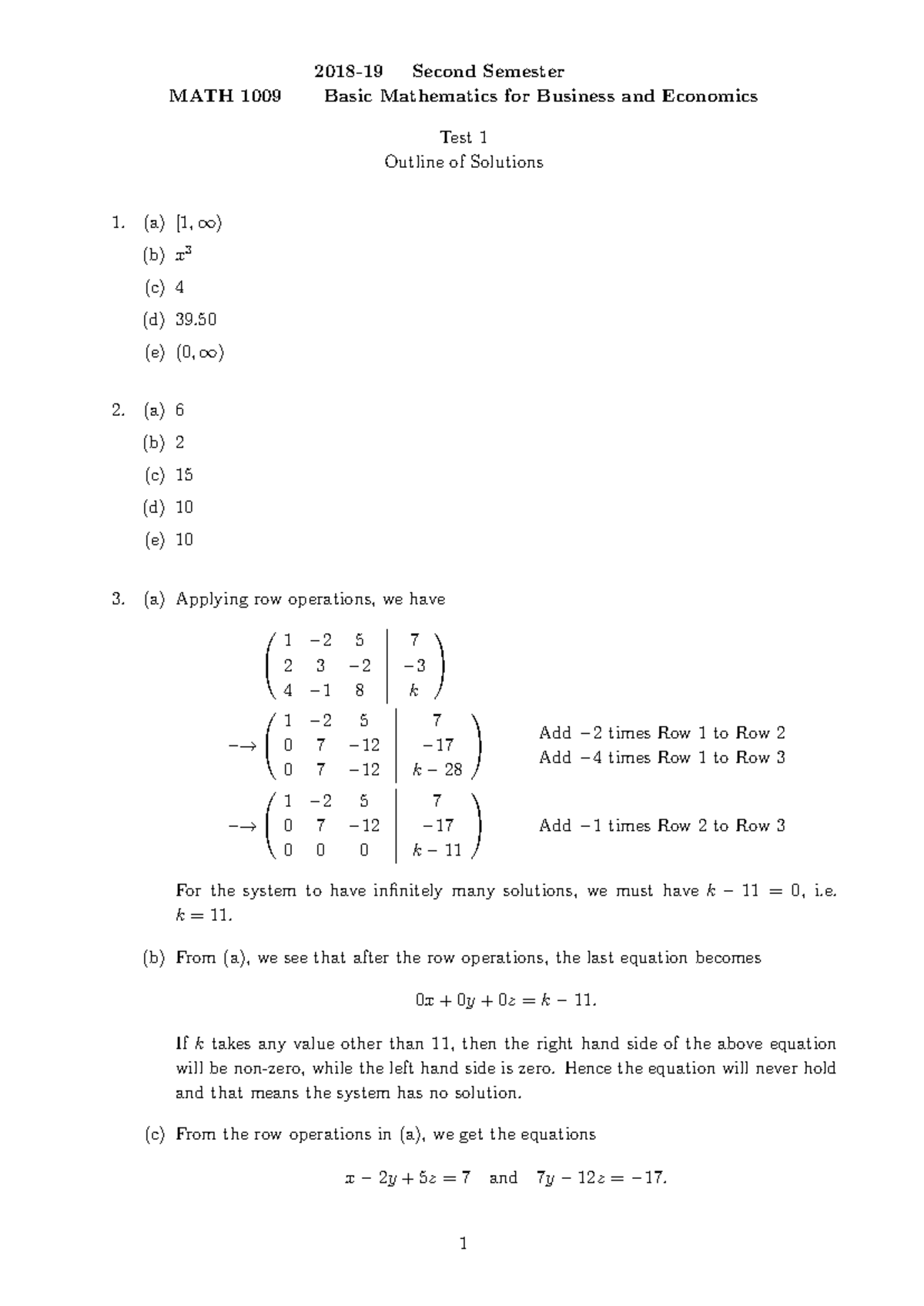 MATH 1009 Test 1 Solutions: Basic Math for Business & Econ - Studocu