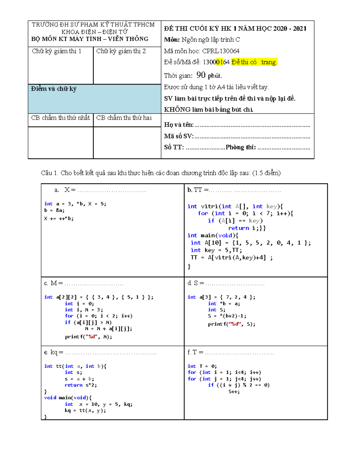 Đề thi Cuối Kỳ HK1 - Môn CPRL - Ngôn Ngữ Lập Trình C 2020-2021 - Studocu