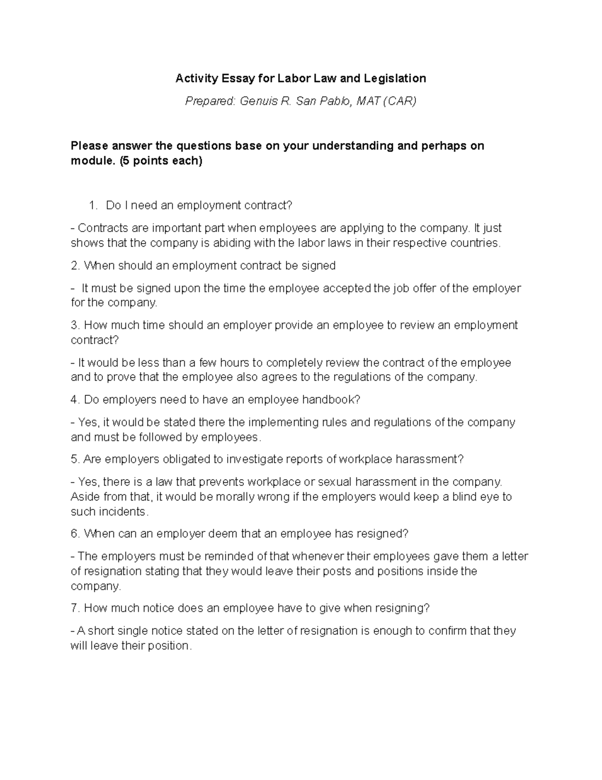 LBL HW #5 - Labor Law and Legislation - Bachelor of Science in Business ...