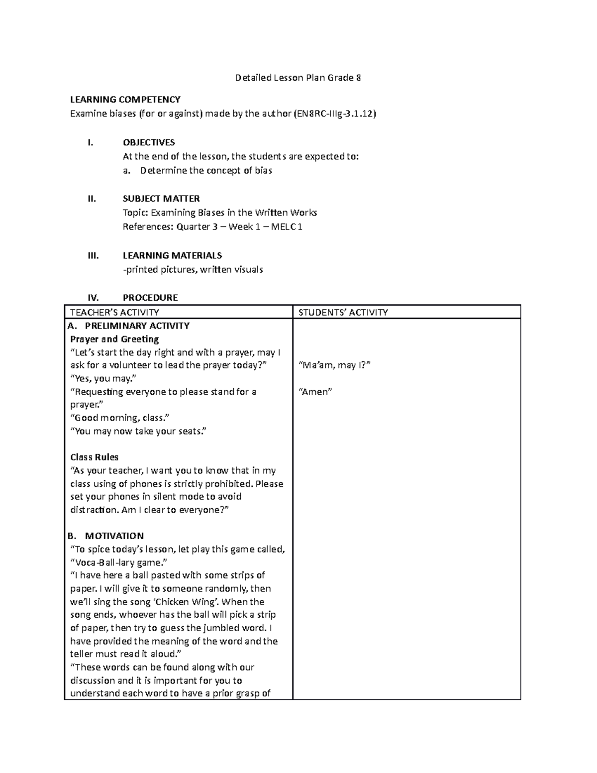 Detailed Lesson Plan Grade 8 Day 1 of Week 1 - Detailed Lesson Plan ...