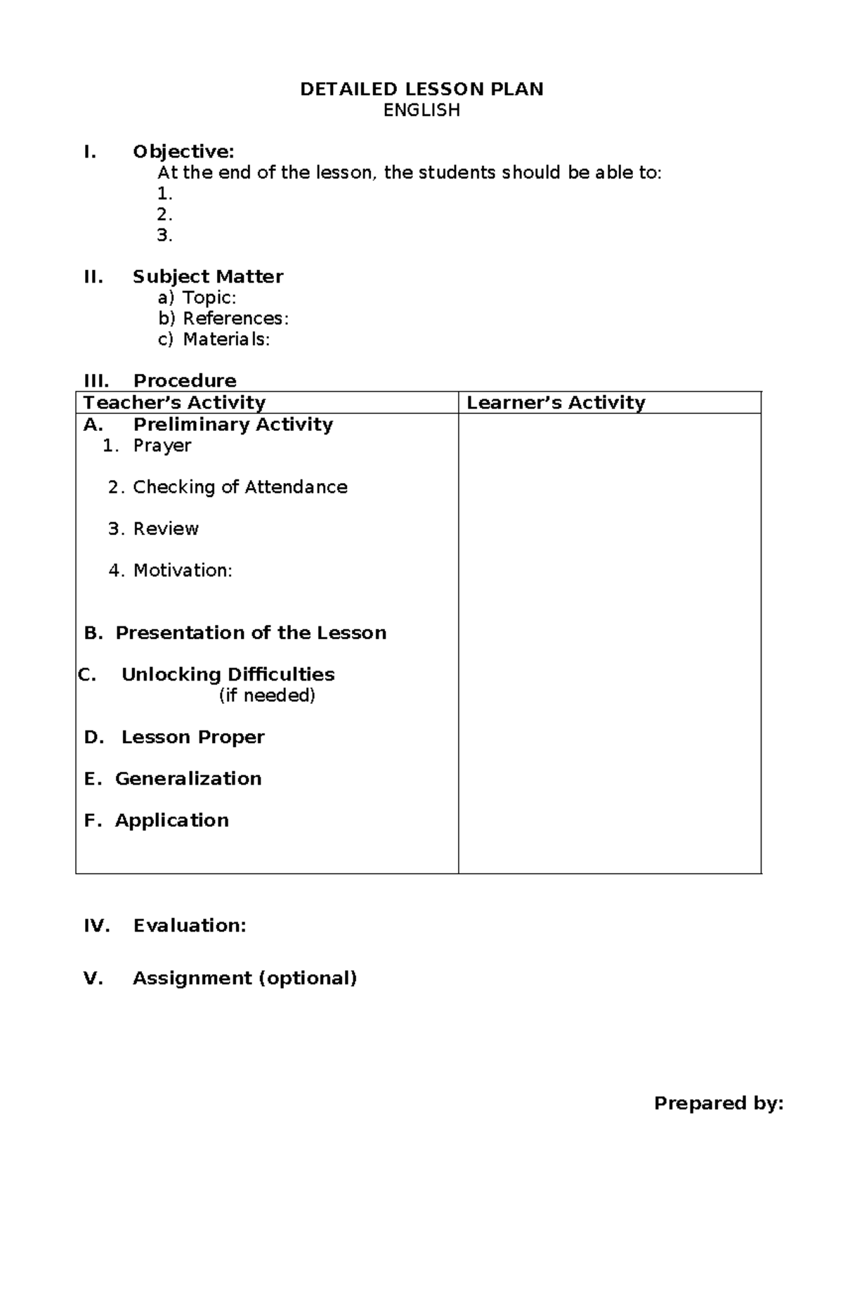 Detailed Lesson PLAN Format - DETAILED LESSON PLAN ENGLISH I. Objective ...