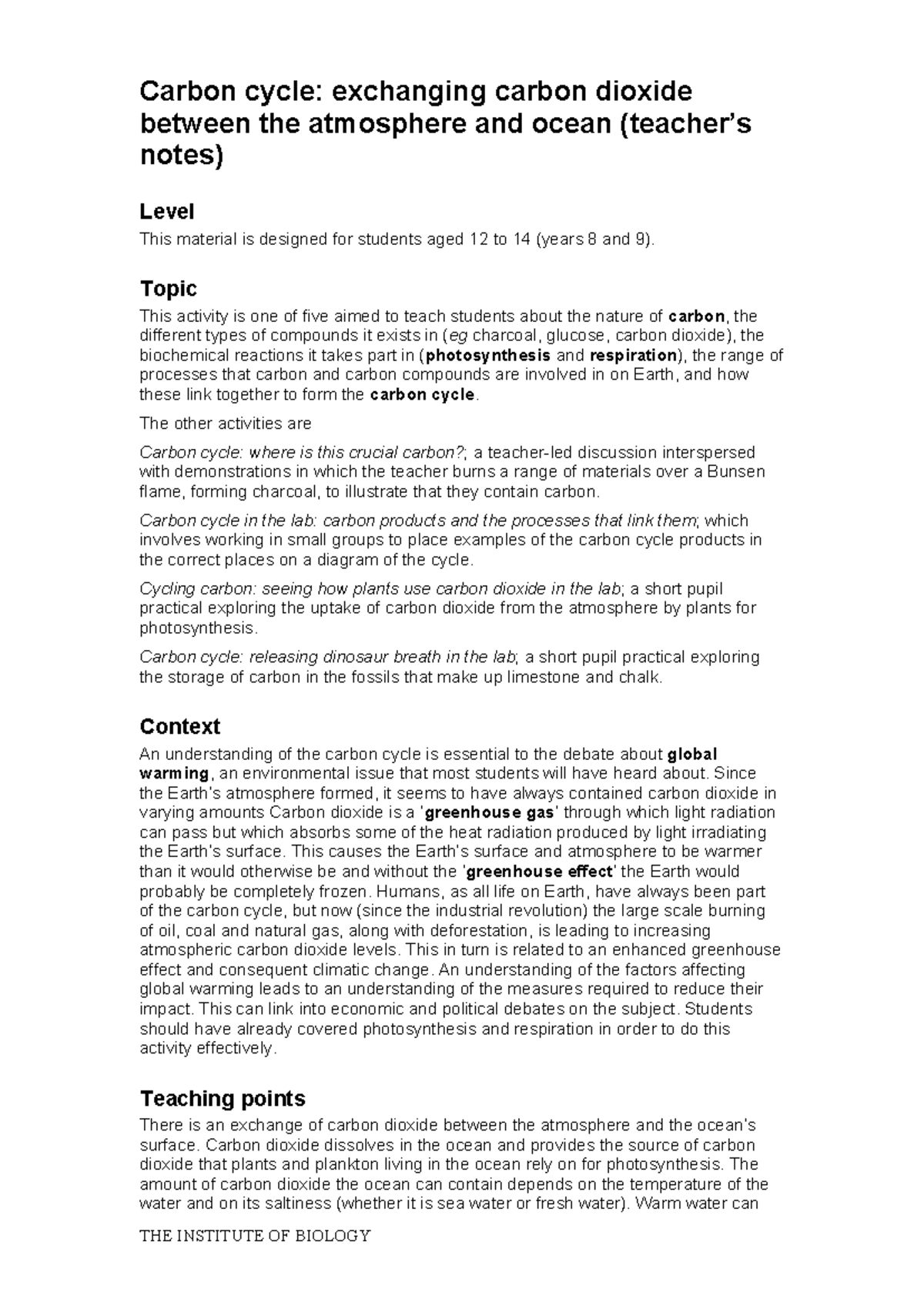 Carbon Cycle: CO2 Uptake Practical for Years 8-9 (Biology) - Studocu