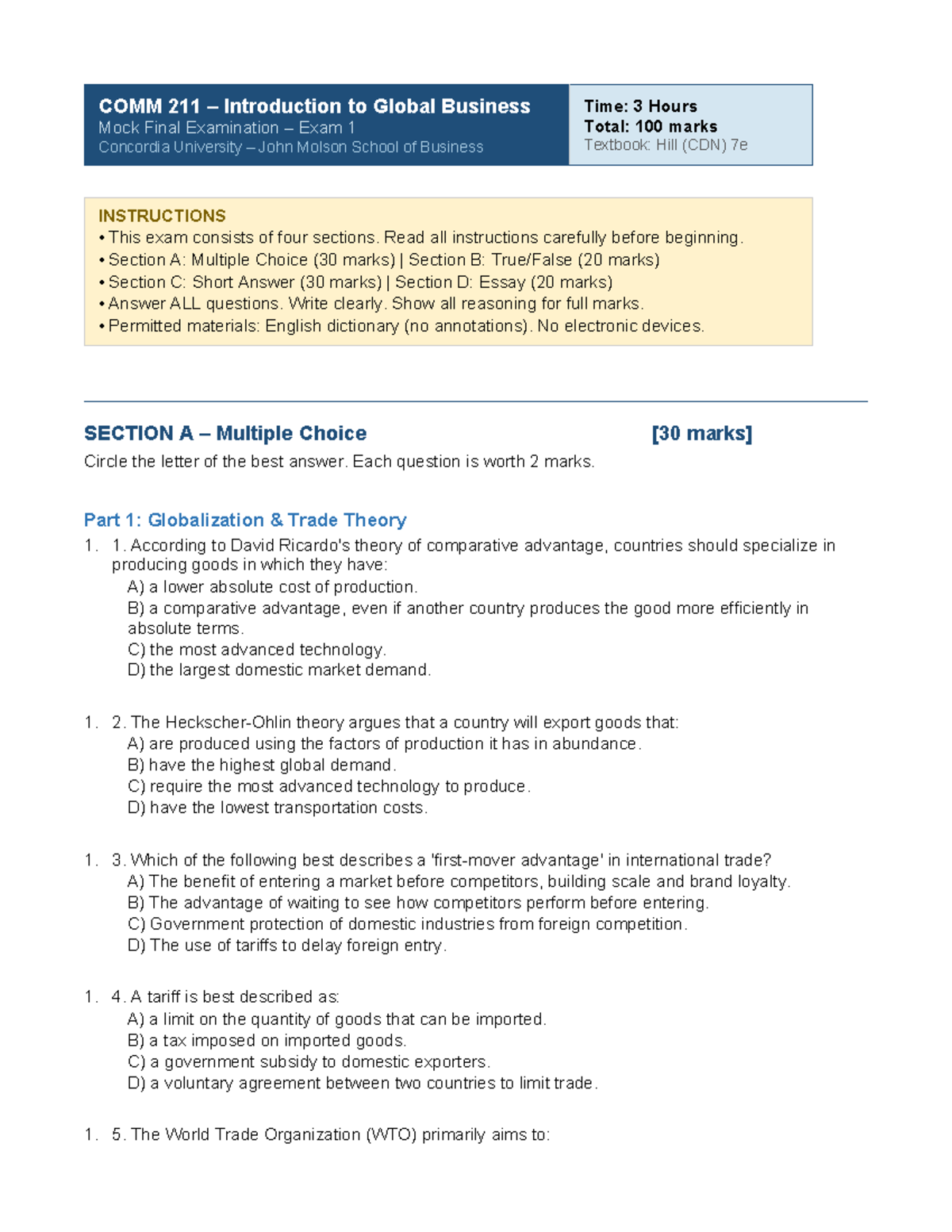 COMM 211 Mock Final Exam 1 - Global Business Overview - Studocu