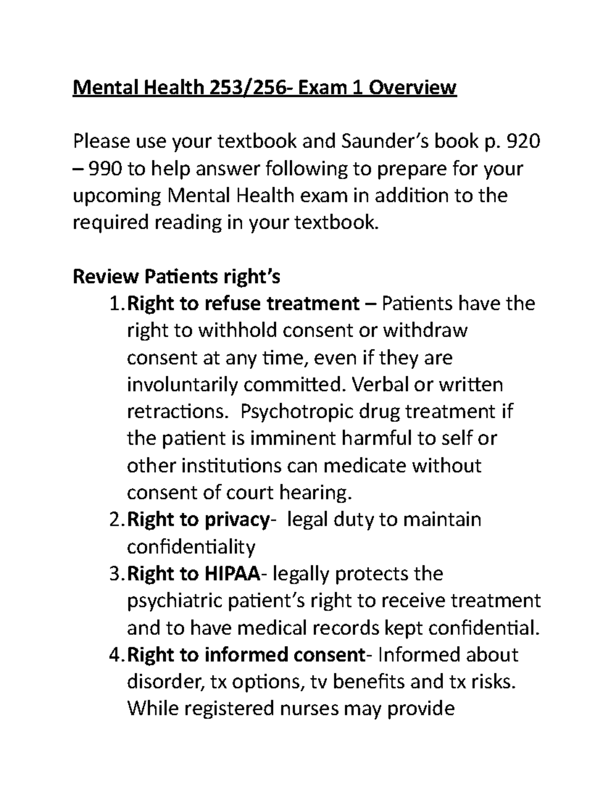 Mental Health Exam # 1 - Study Guide - Mental Health 253/256- Exam 1 ...