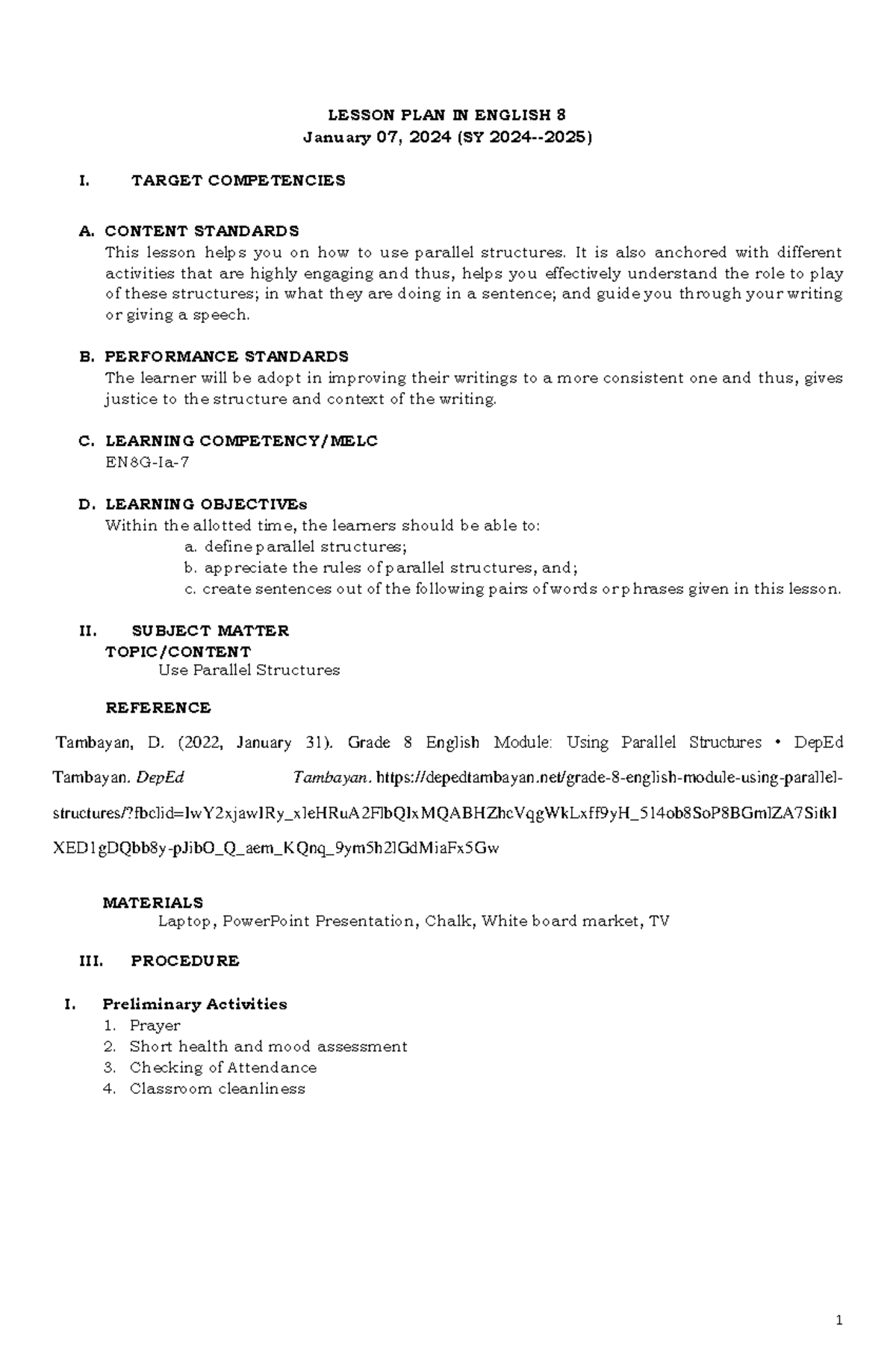 Lesson Plan Use Parallel Structures - LESSON PLAN IN ENGLISH 8 January ...