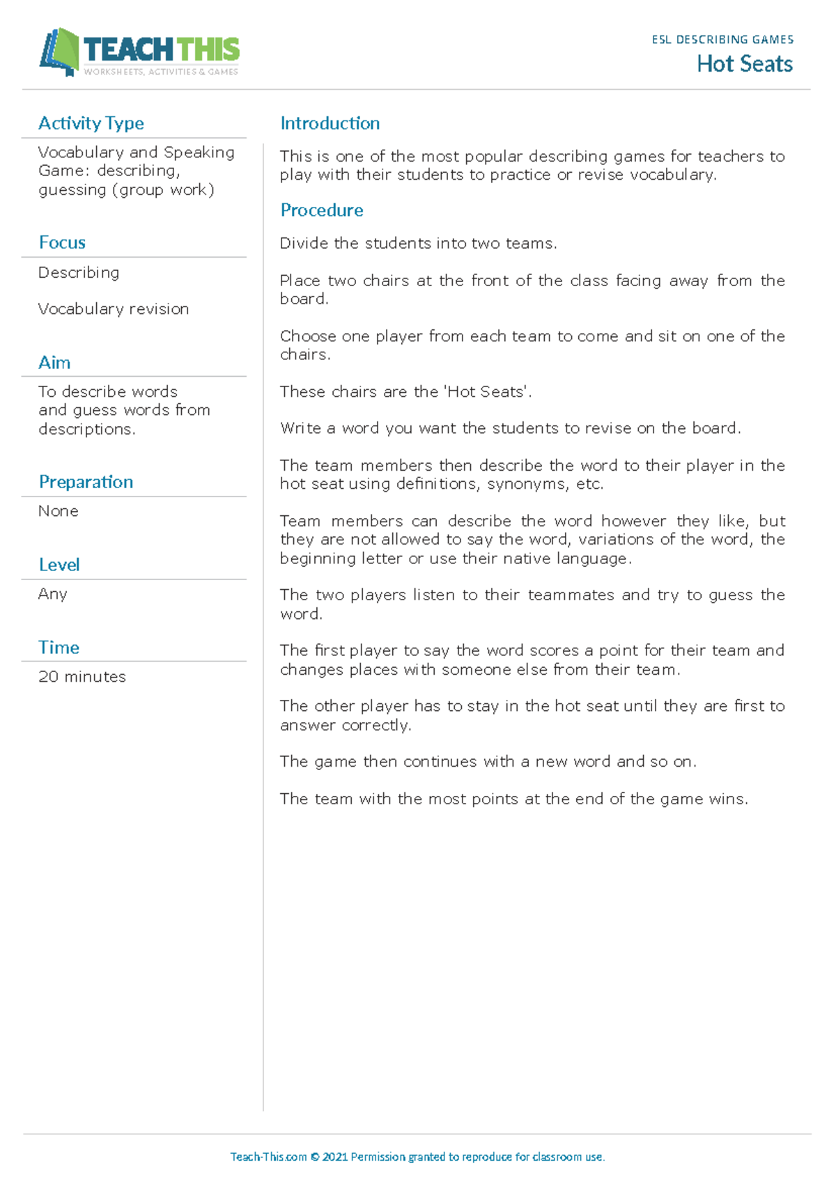 ESL Hot Seats Game Worksheets: Vocabulary & Speaking Activities - Studocu