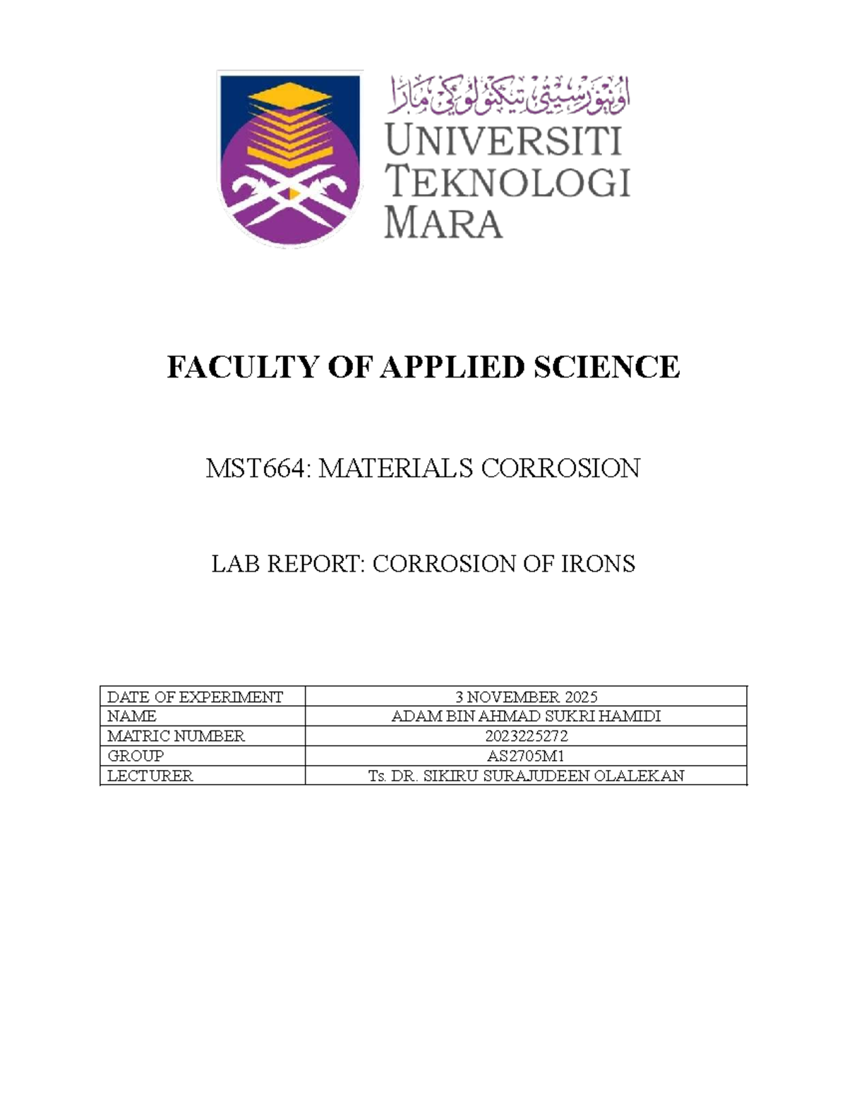 MST664: Lab Report on Corrosion of Irons - Experiment Analysis - Studocu