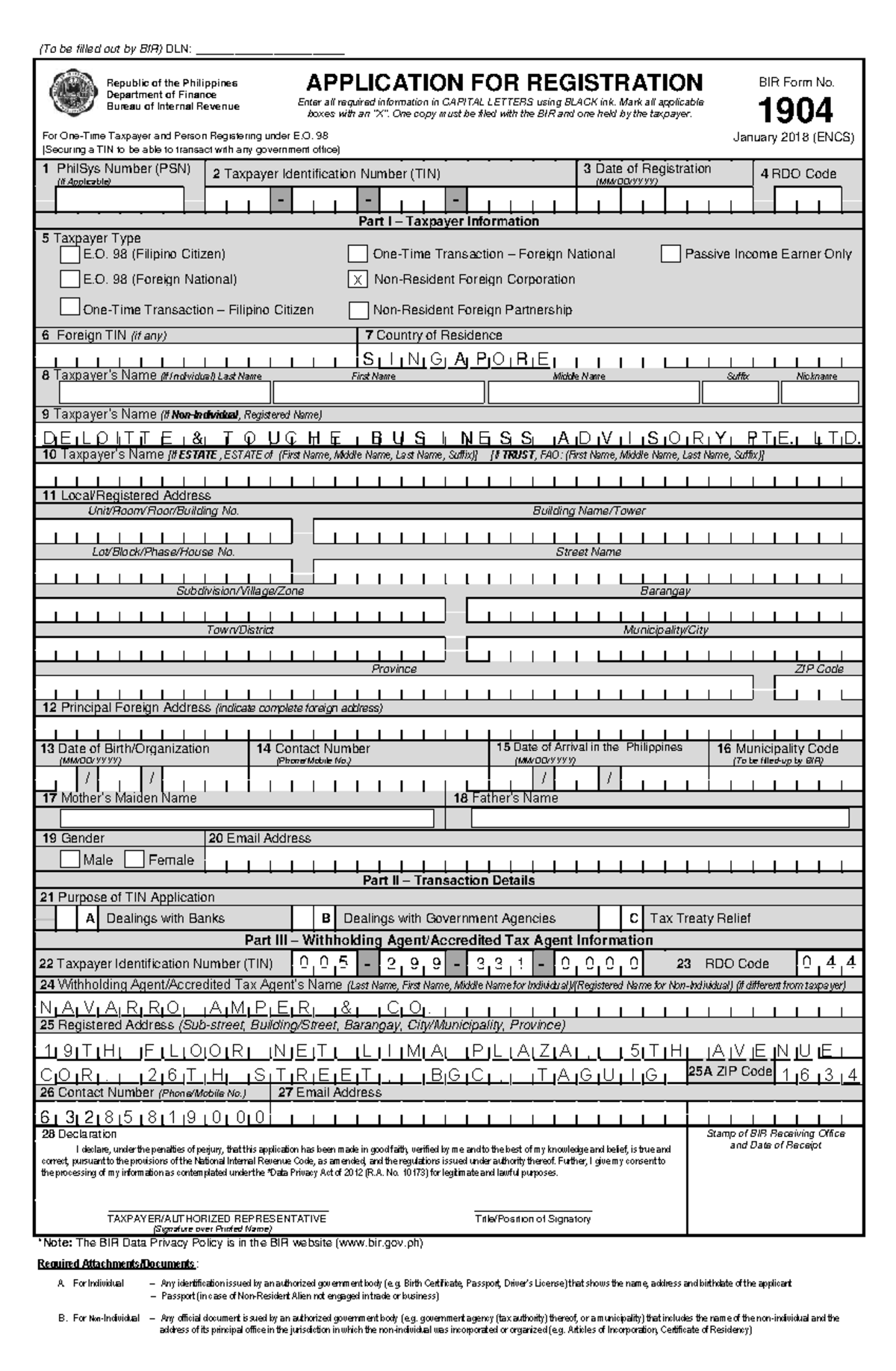 BIR Form 1904 for One-Time Taxpayer Registration January 2018 - Studocu