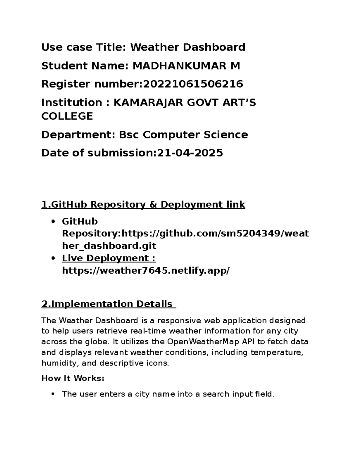 Weather Dashboard Project Overview - BSc CS - Studocu