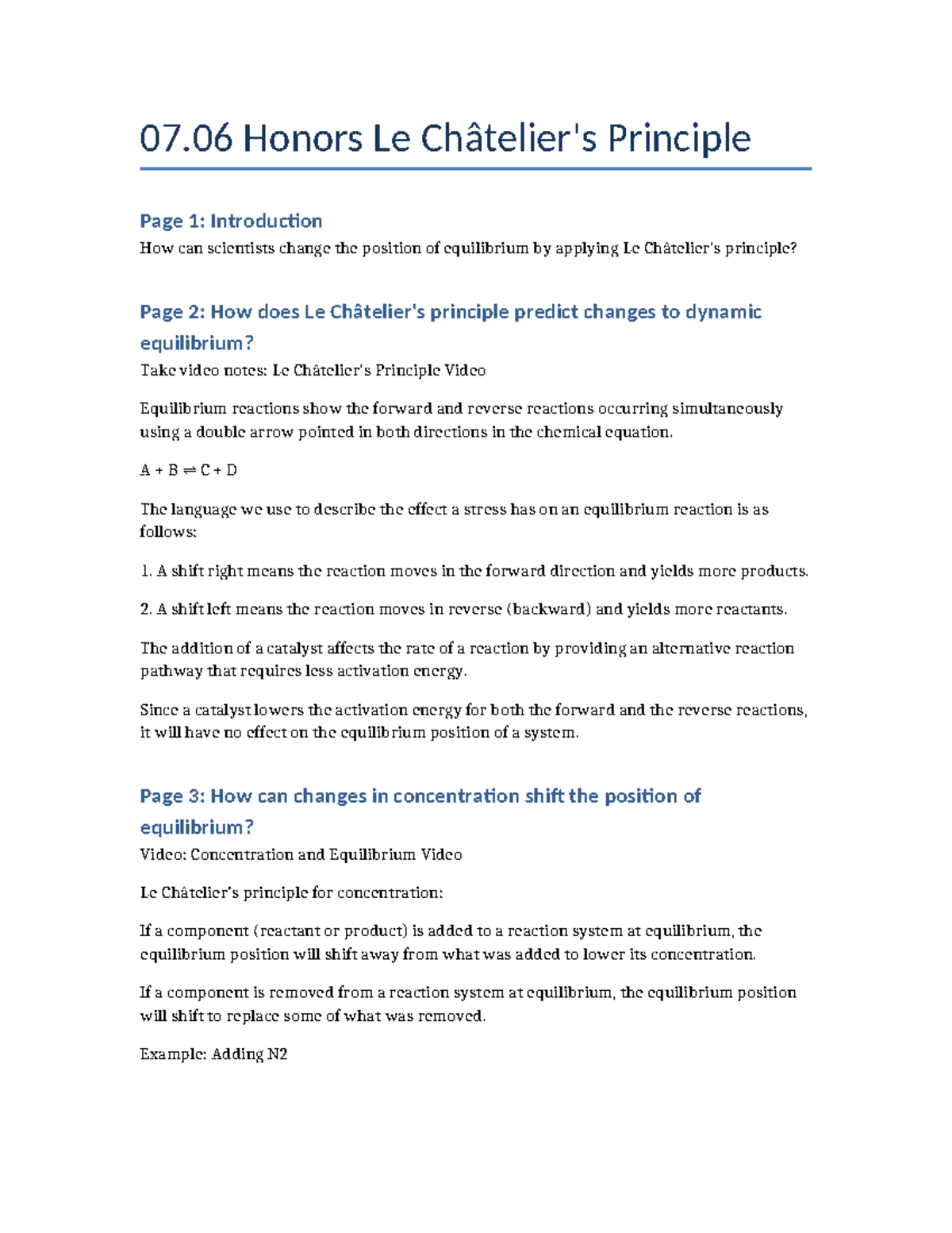 07 06 Honors Le Chateliers Principle - 07 Honors Le Châtelier's ...