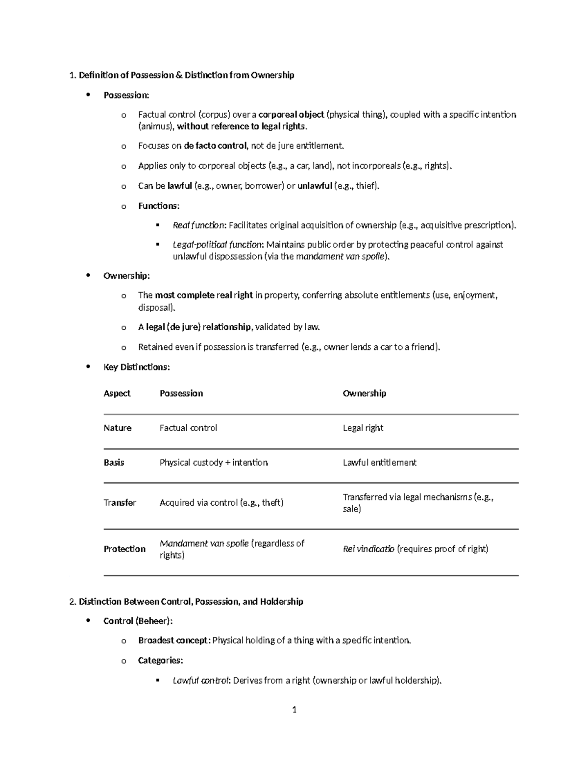 Property Law 2: Distinctions in Possession and Ownership Notes - Studocu