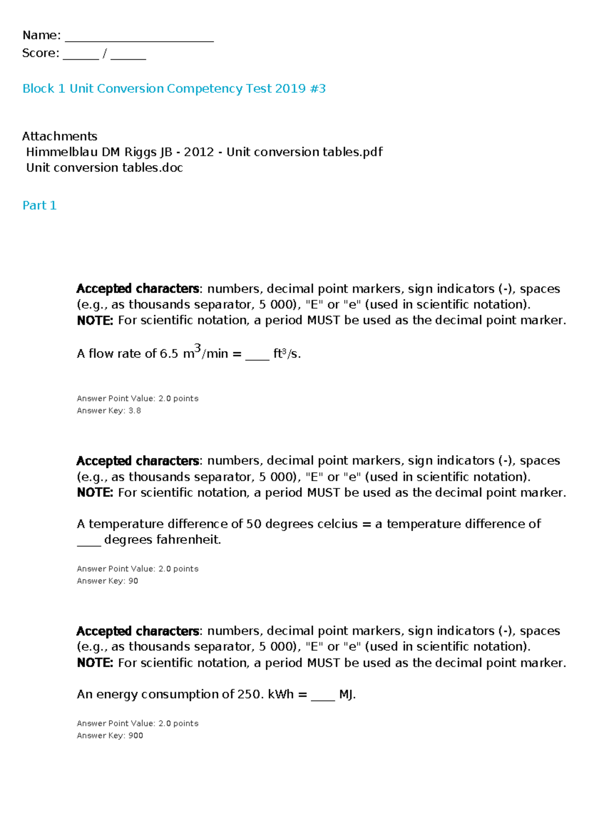 Sample Unit Conversion Competency Test 2019 - Block 1 - Studocu