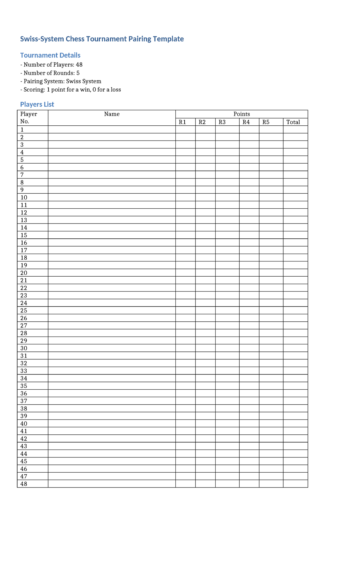 Swiss System Chess Tournament Pairing Template (Tournament Rules) - Studocu