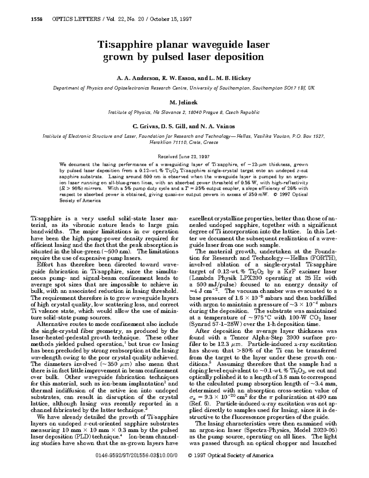 Ti:sapphire Planar Waveguide Laser Performance - Anderson 1997 - Studocu