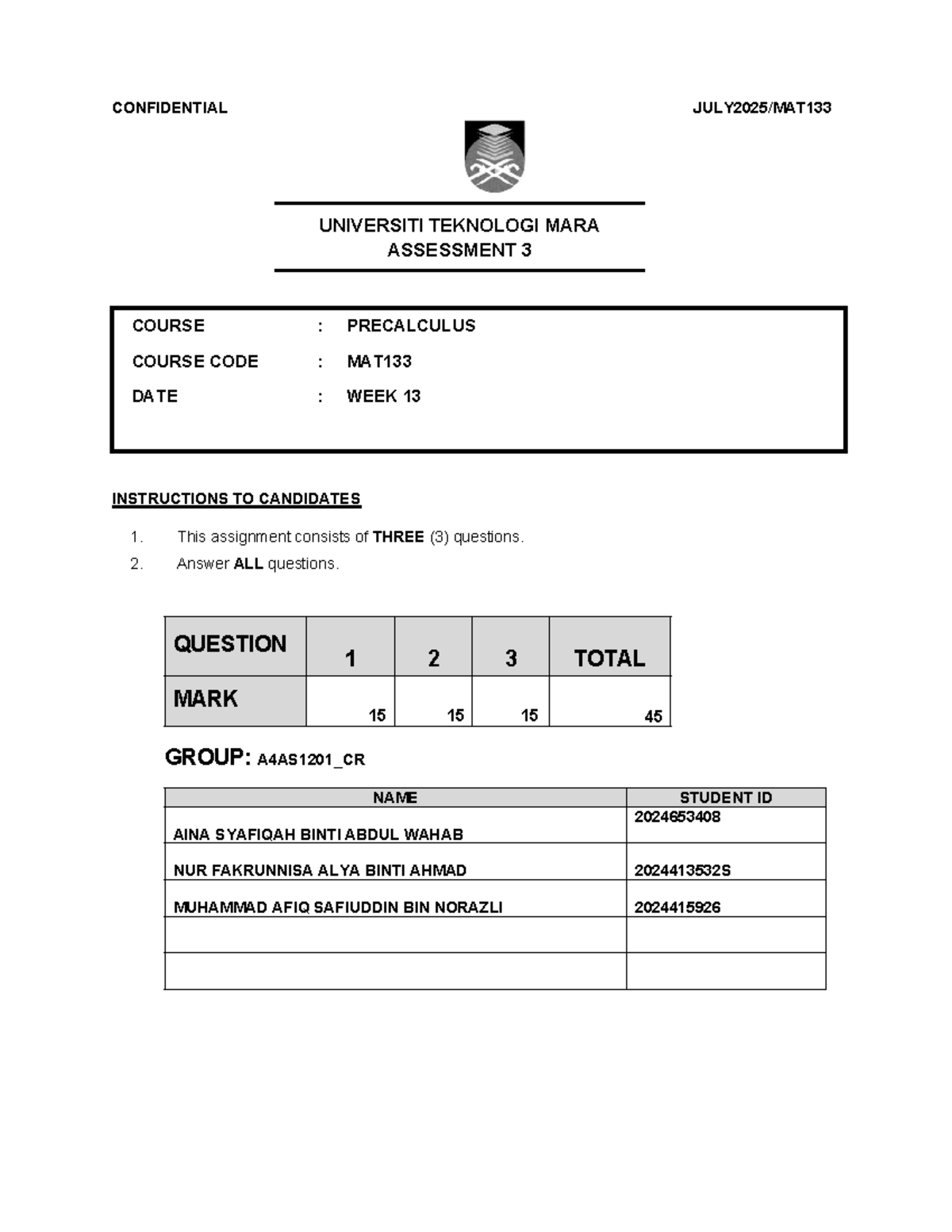 Assessment 3 Mat133 Precalculus Questions Solutions Studocu