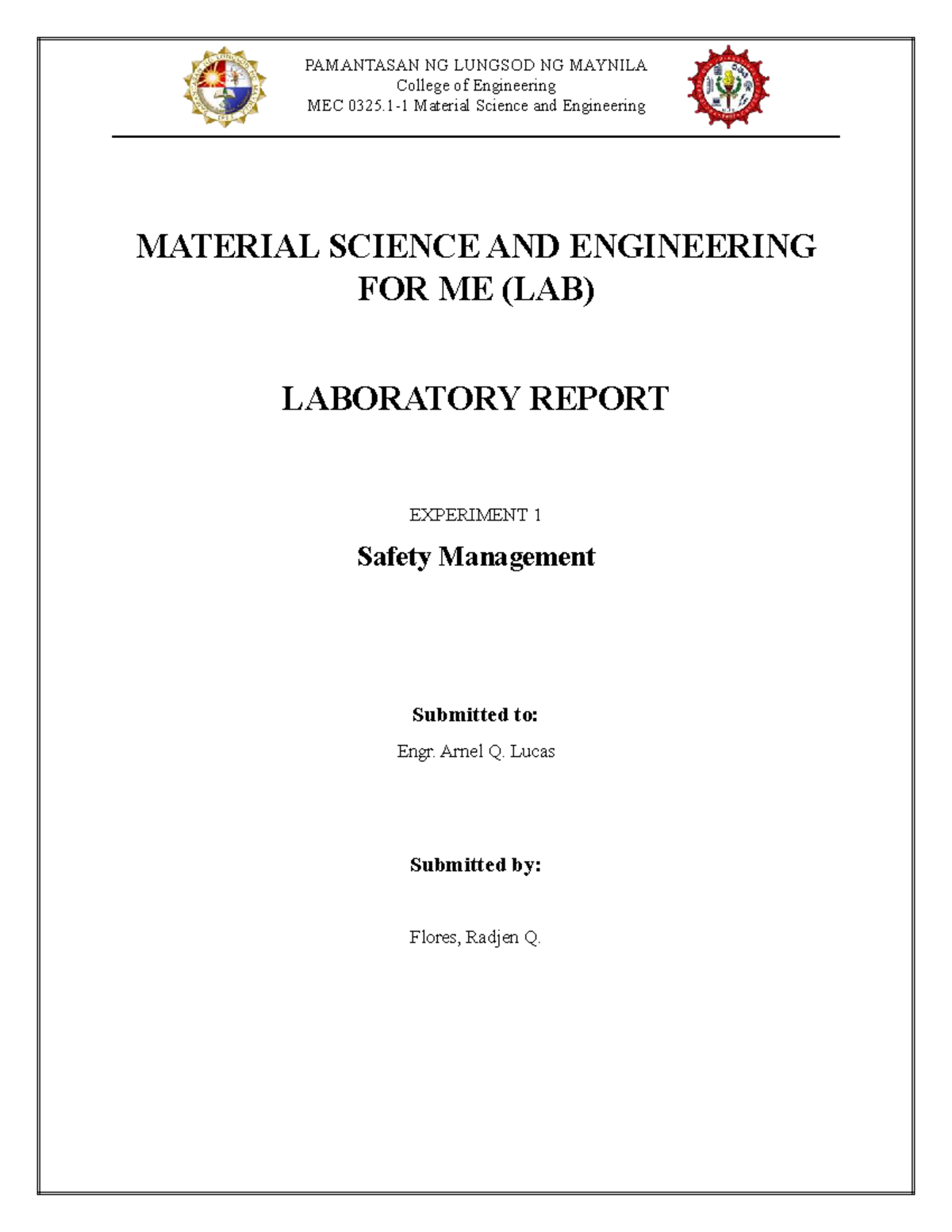 MEC Material Science and Engineering Lab Report: Safety Management Risk ...
