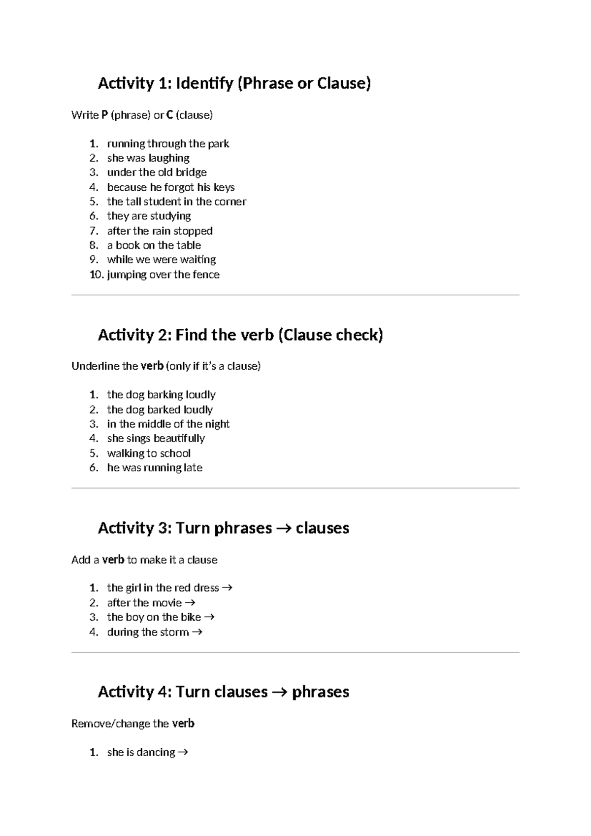 Identifying Phrases & Clauses: Activity 1-4 Guide - Studocu