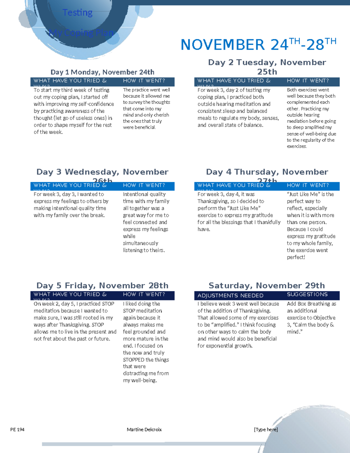 Week 3 Reflection on My Coping Plan - PE 194 - Studocu