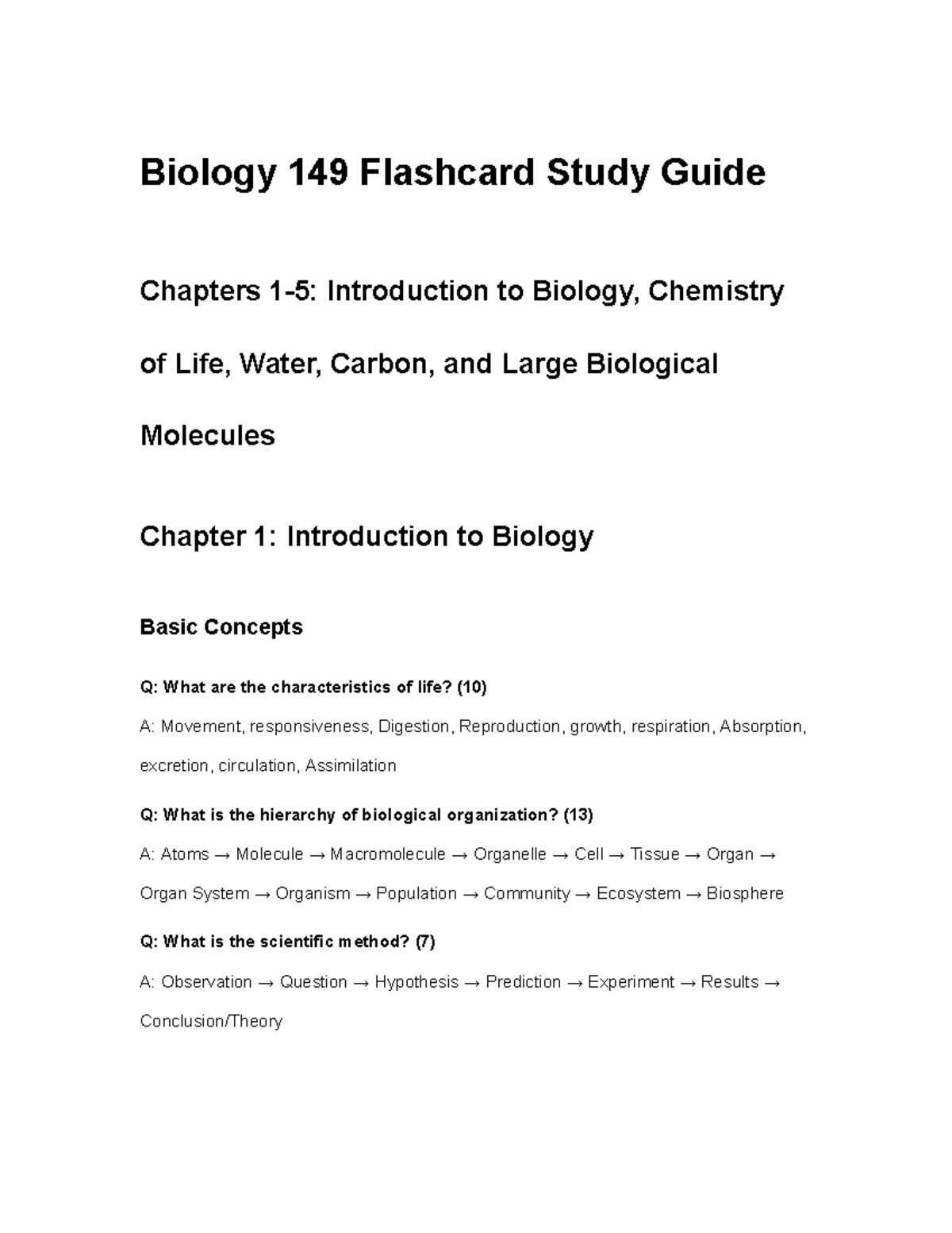Biology 149 Flashcard Study Guide: Chapters 1-5 Overview - Studocu