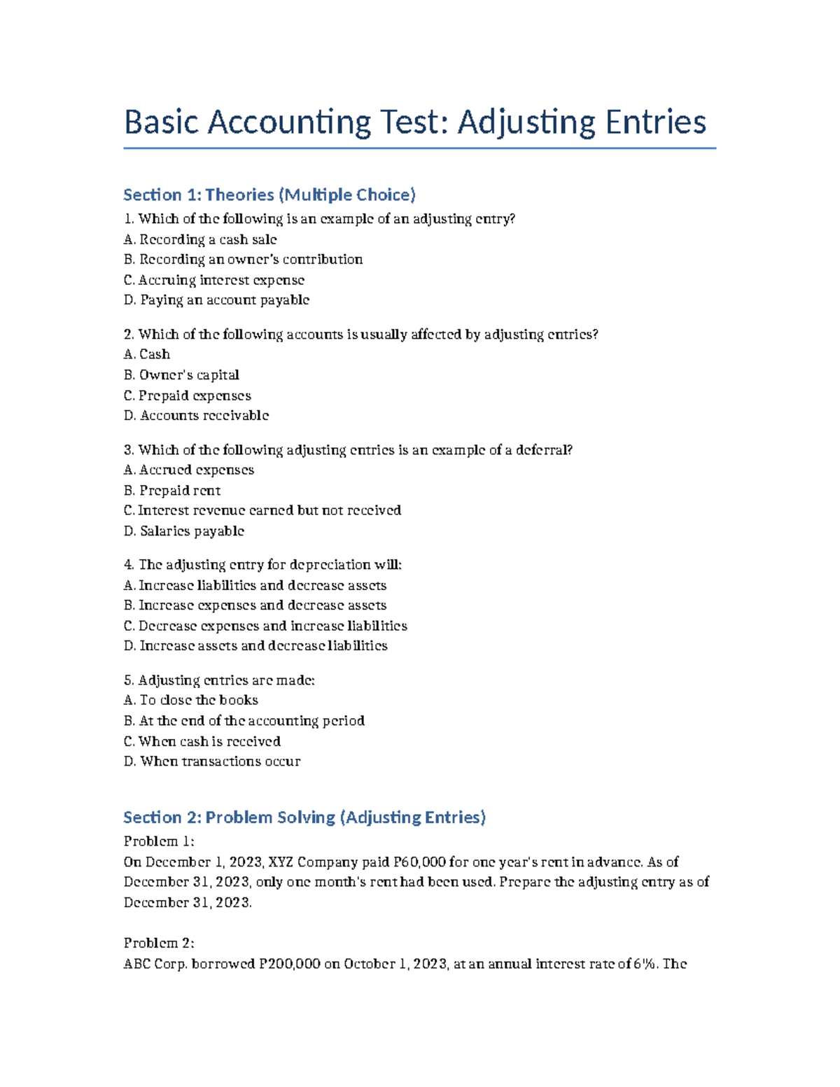 Basic Accounting (ACCT101): Test on Adjusting Entries & Solutions - Studocu