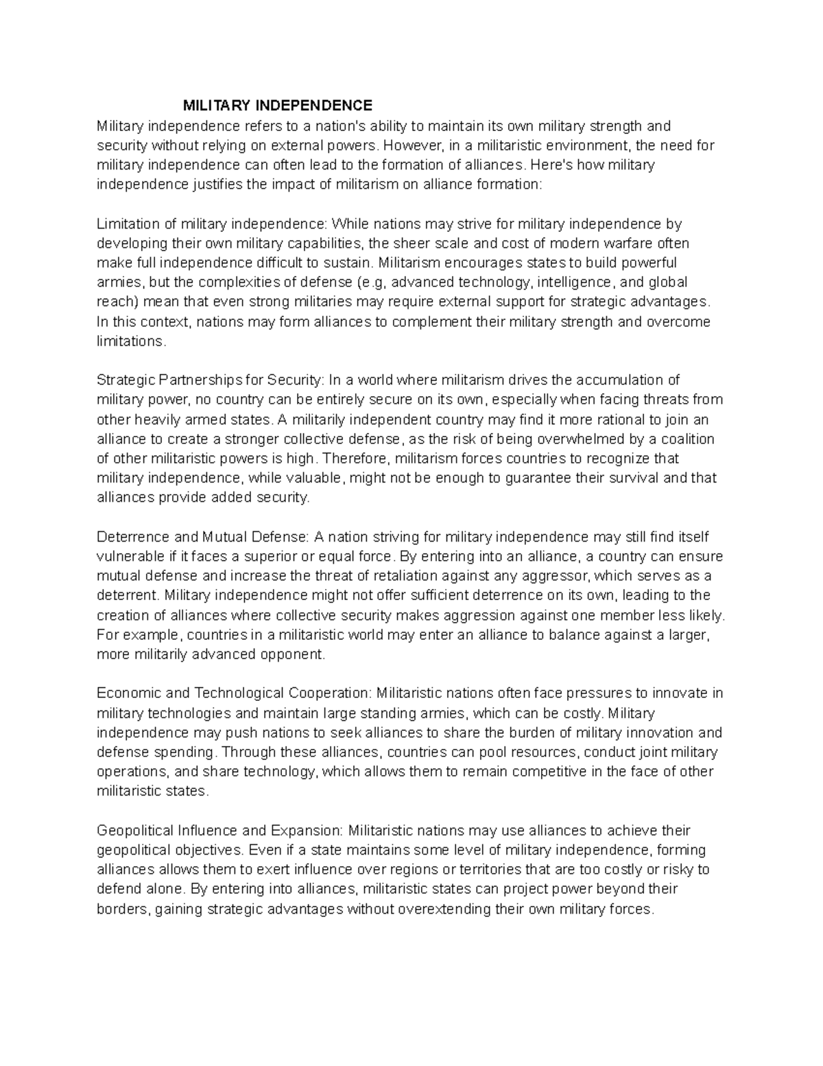 MIL-101: The Role of Military Independence in Alliance Formation - Studocu