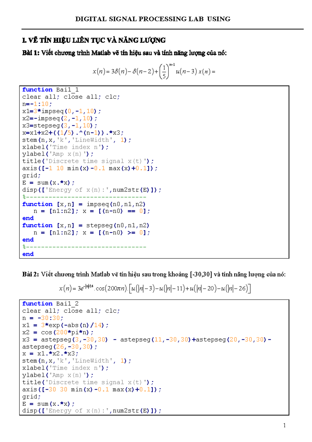 DIGITAL SIGNAL PROCESSING LAB (DSP 101) - MATLAB Exercises - Studocu